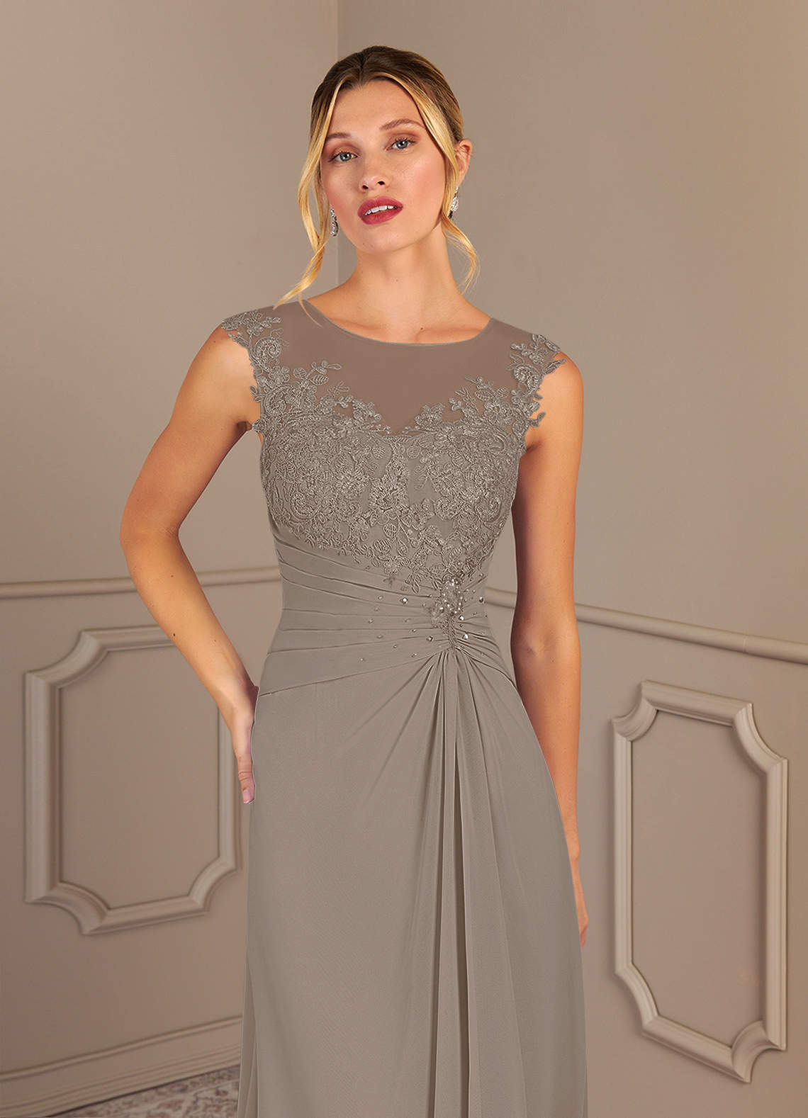 Azazie Endora Taupe A-Line Scoop Lace Chiffon Dress | Azazie