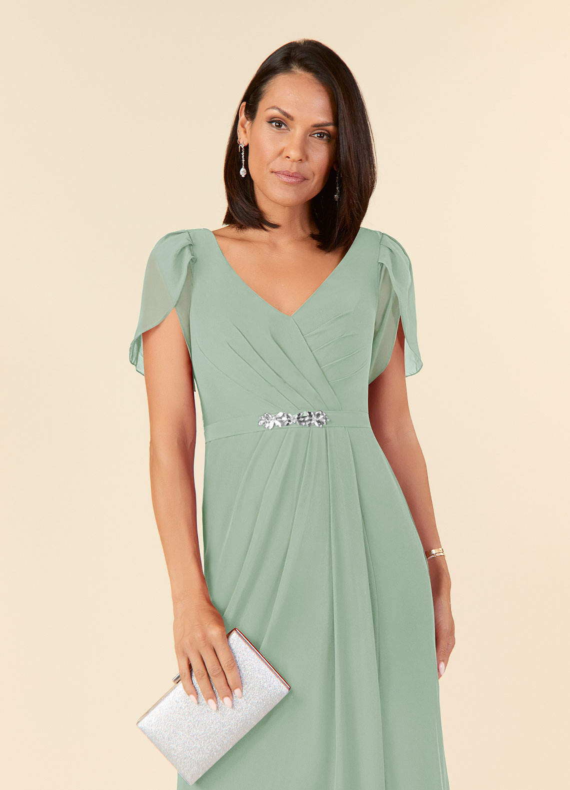 Azazie Marianne Agave Sheath V Neck Pleated Chiffon Dress Mother Of The
