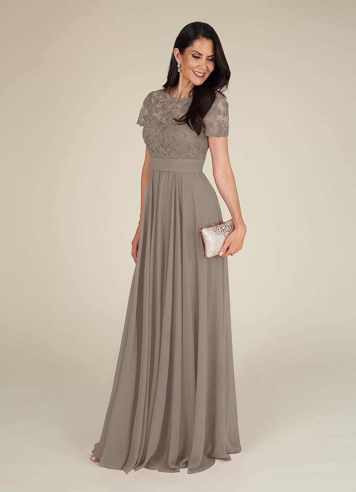 Azazie Annette Taupe A-Line Lace Chiffon Dress | Azazie