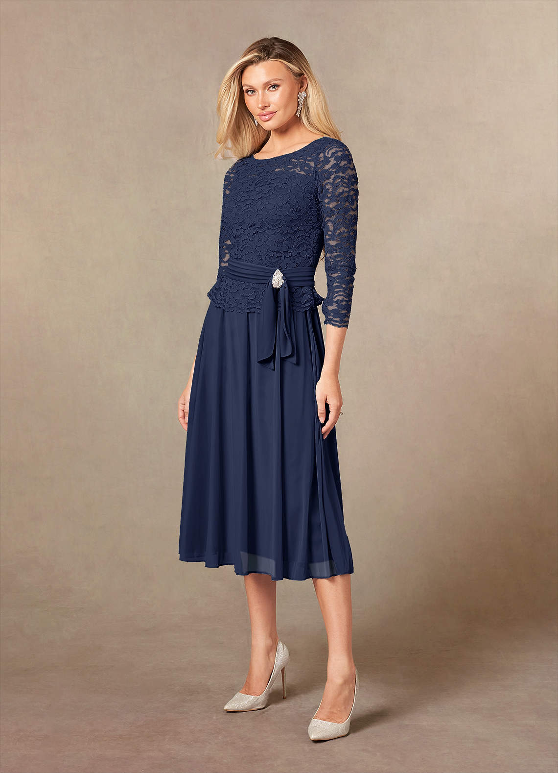 Dark Navy Azazie Charlee A-Line Lace Tea-Length Dress | Azazie