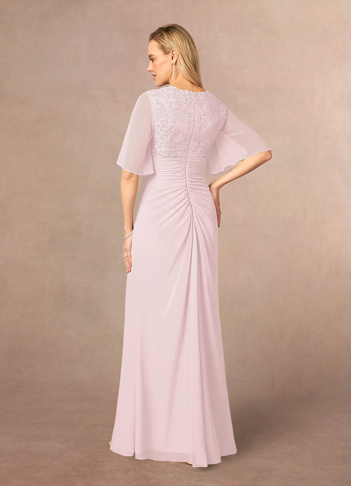 Blushing Pink Azazie Carson Blushing Pink A-Line V-Neck Lace Chiffon ...