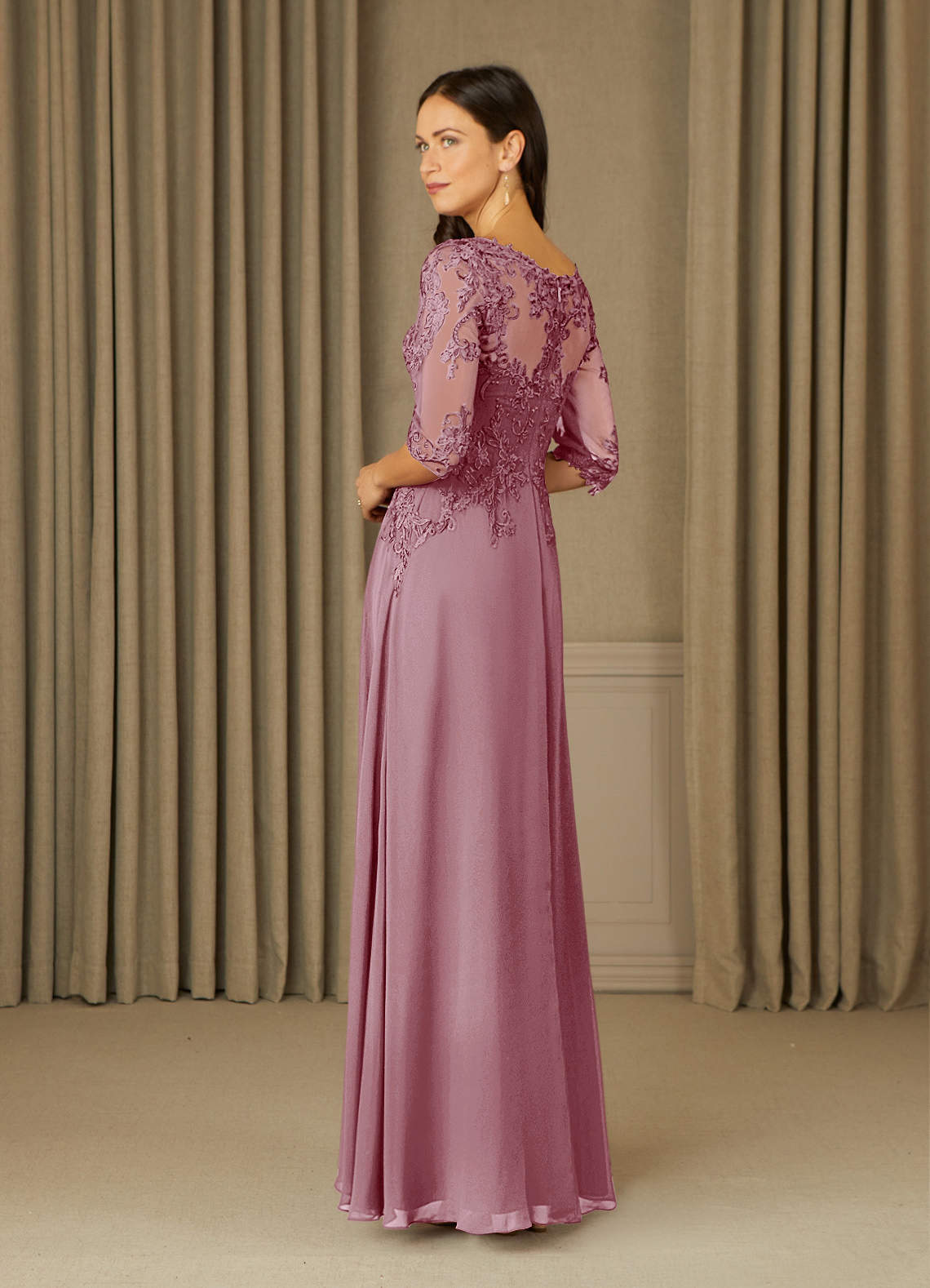 Azazie Dorella Vintage Mauve A-Line Lace Chiffon Dress | Azazie