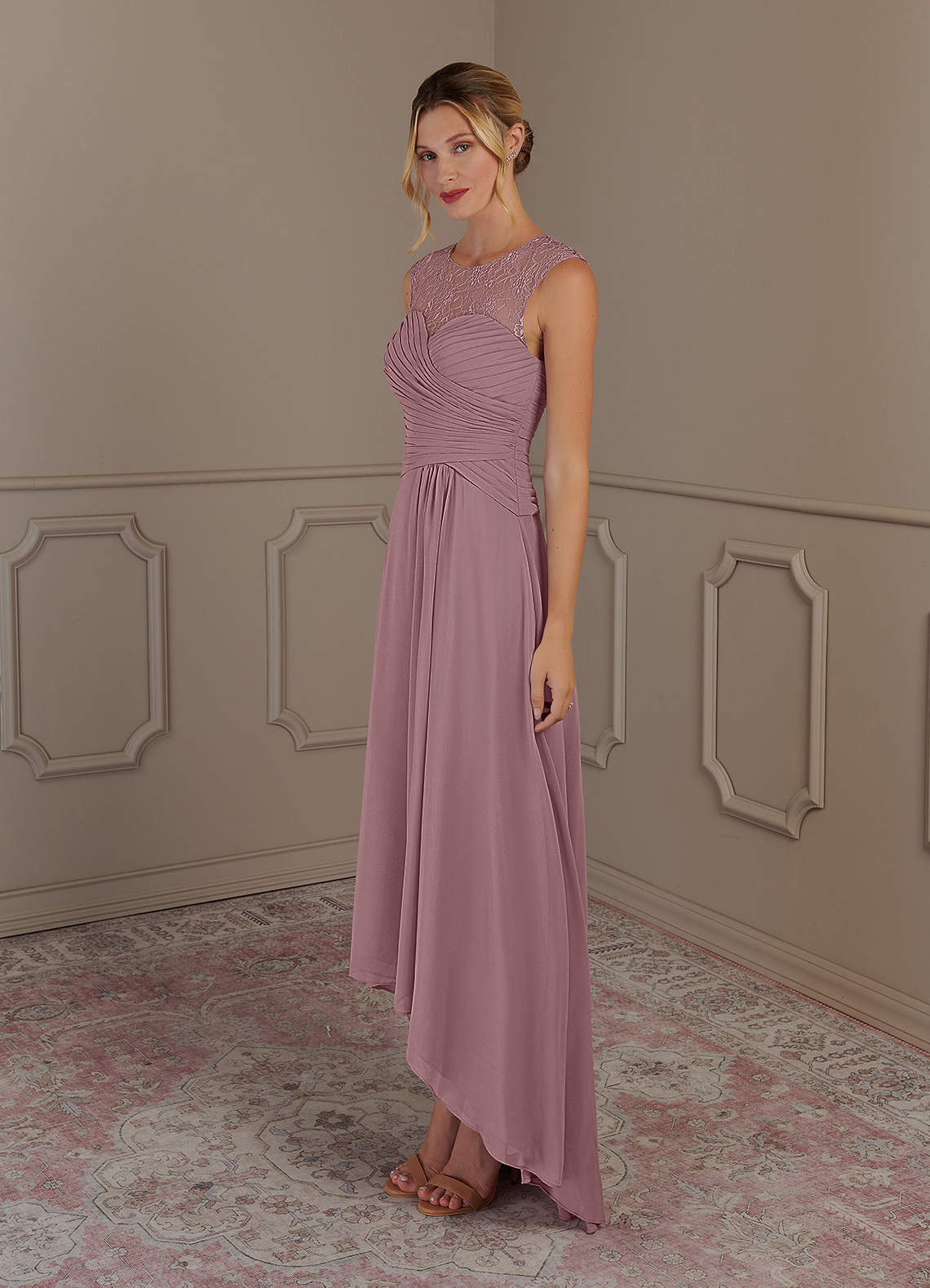 Dusty Rose Azazie Zen A-Line Scoop Lace Chiffon Asymmetrical Dress | Azazie