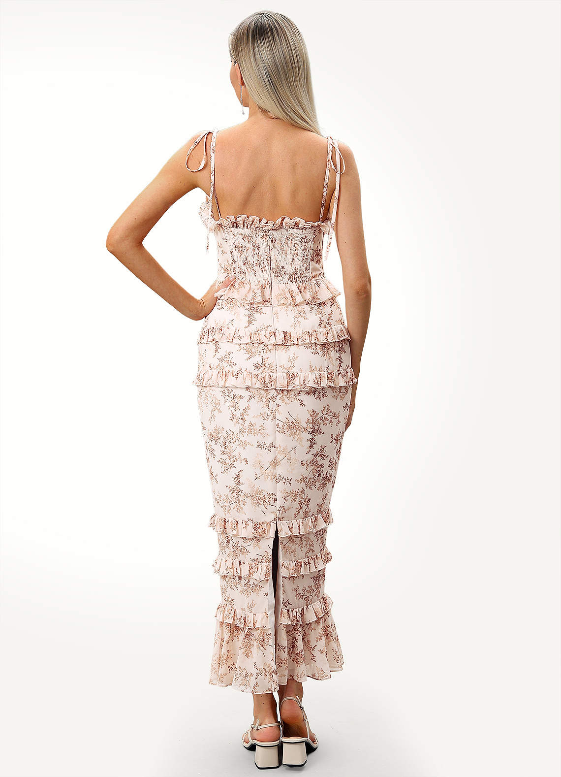 Emery Rose Pink Floral Printed Ruched Ruffled Midi Dress Atelier ...