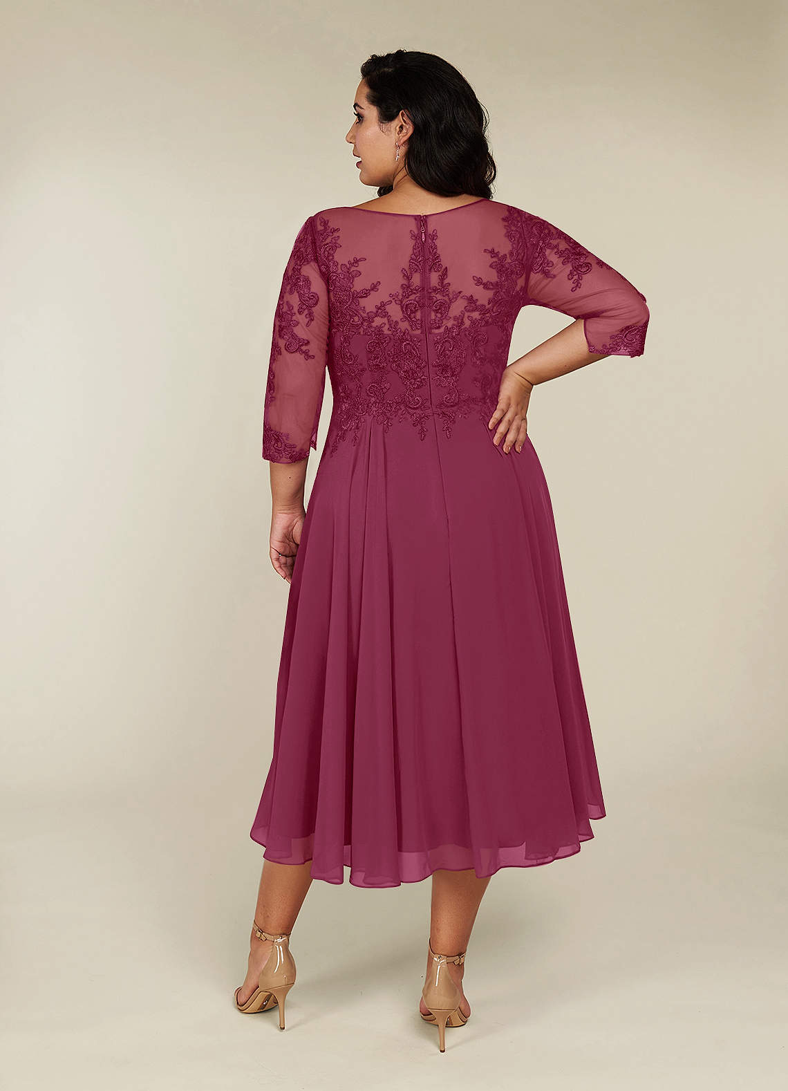 Mulberry Azazie Marge A-Line Scoop Lace Chiffon Tea-Length Dress | Azazie
