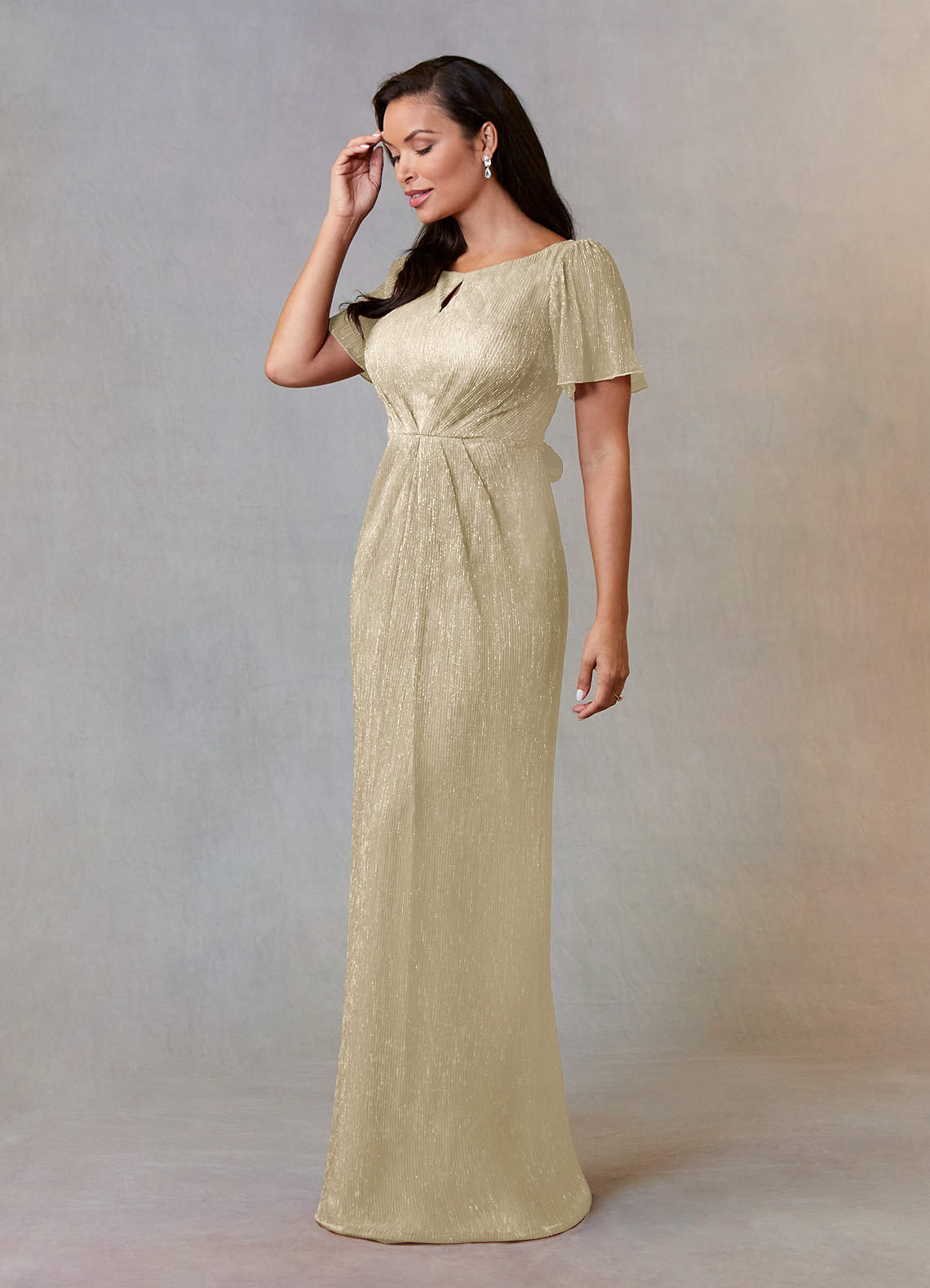 Upstudio Alameda Champagne A-Line Ruched Metallic Mesh Dress | Azazie