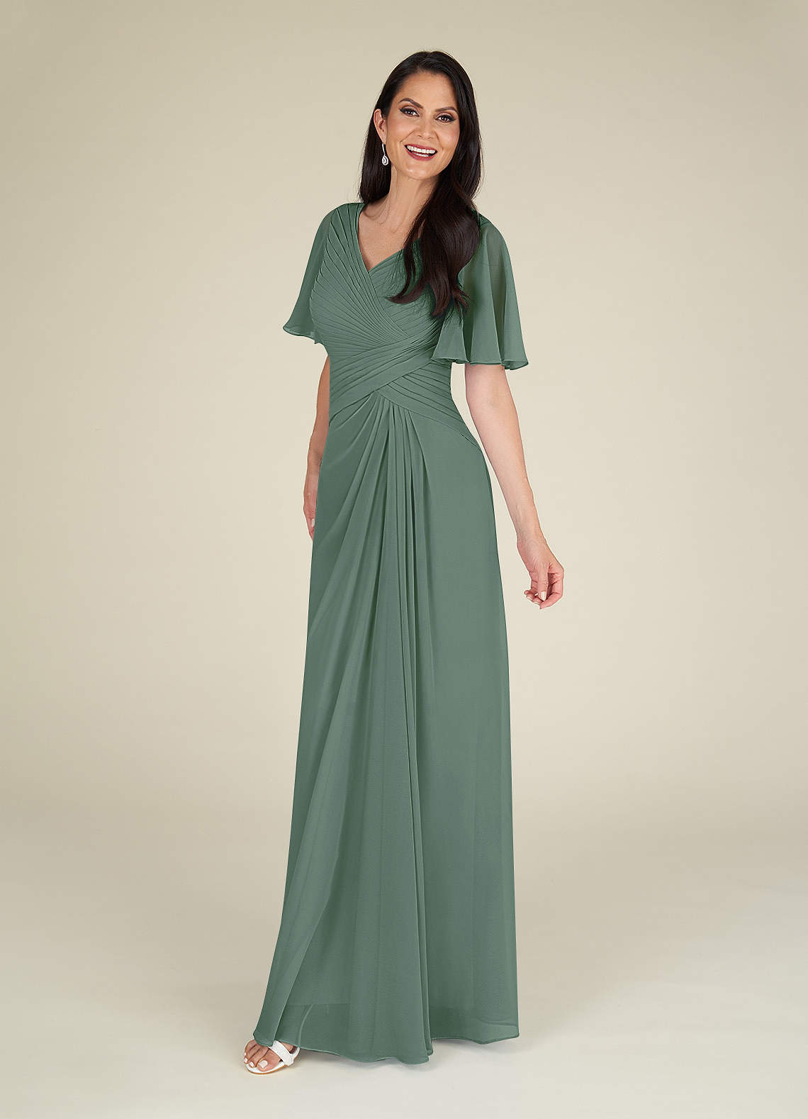 Eucalyptus Azazie Morning Glory A-Line V-Neck Ruched Chiffon Floor ...