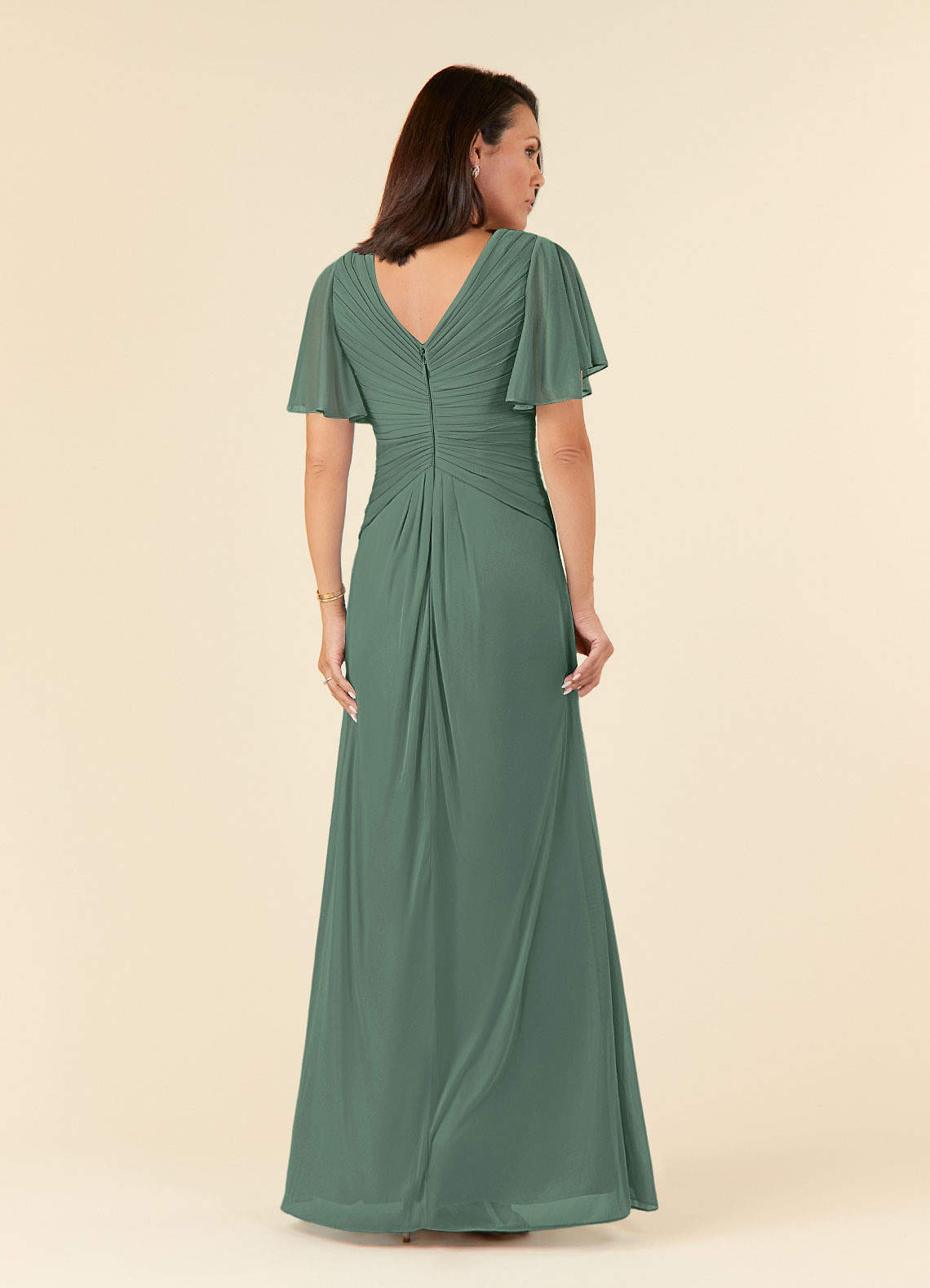 Azazie Emmeline Eucalyptus A Line V Neck Pleated Mesh Dress Azazie