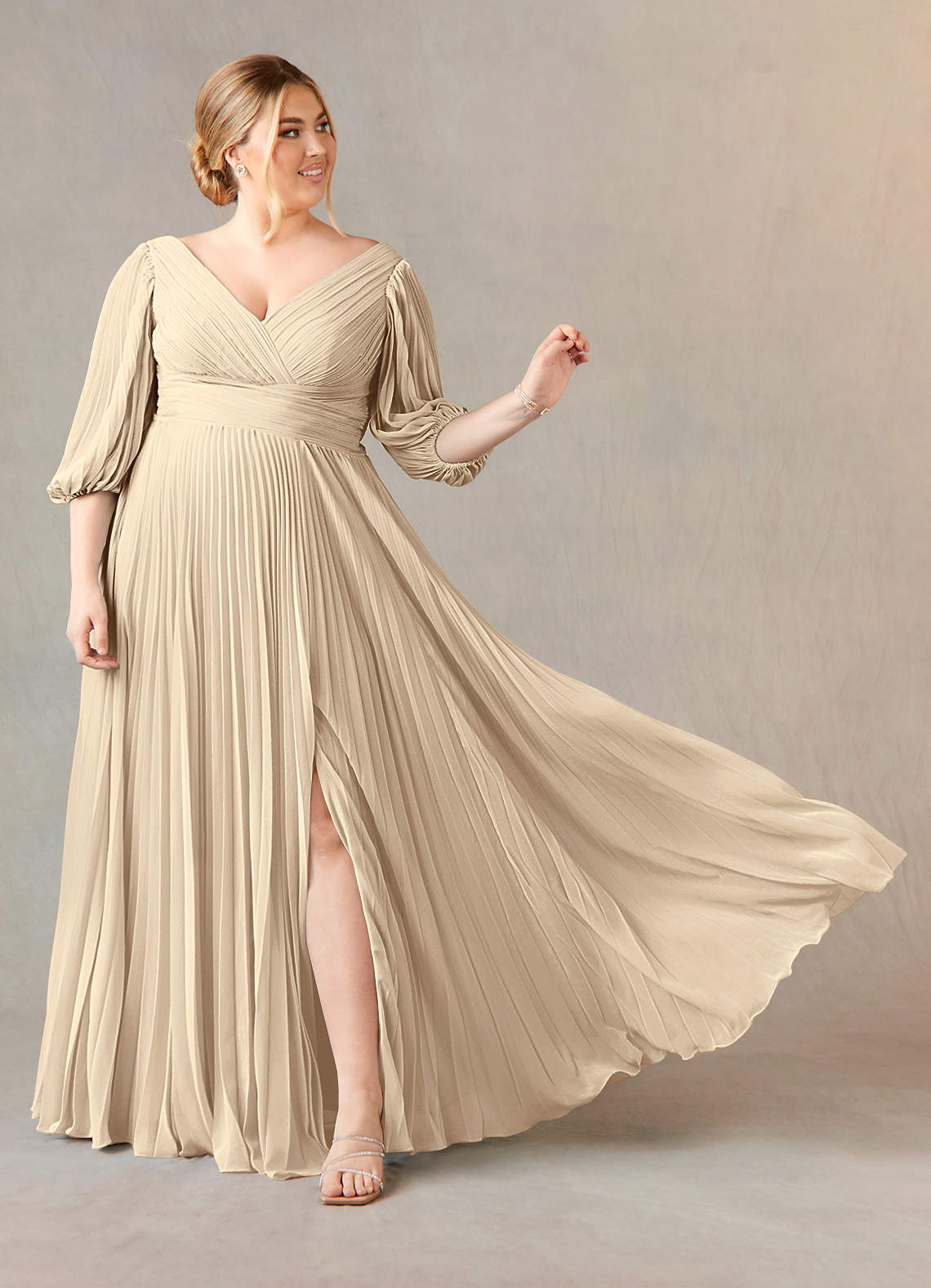 Azazie Zahara Champagne A-Line V-Neck Pleated Chiffon Dress | Azazie