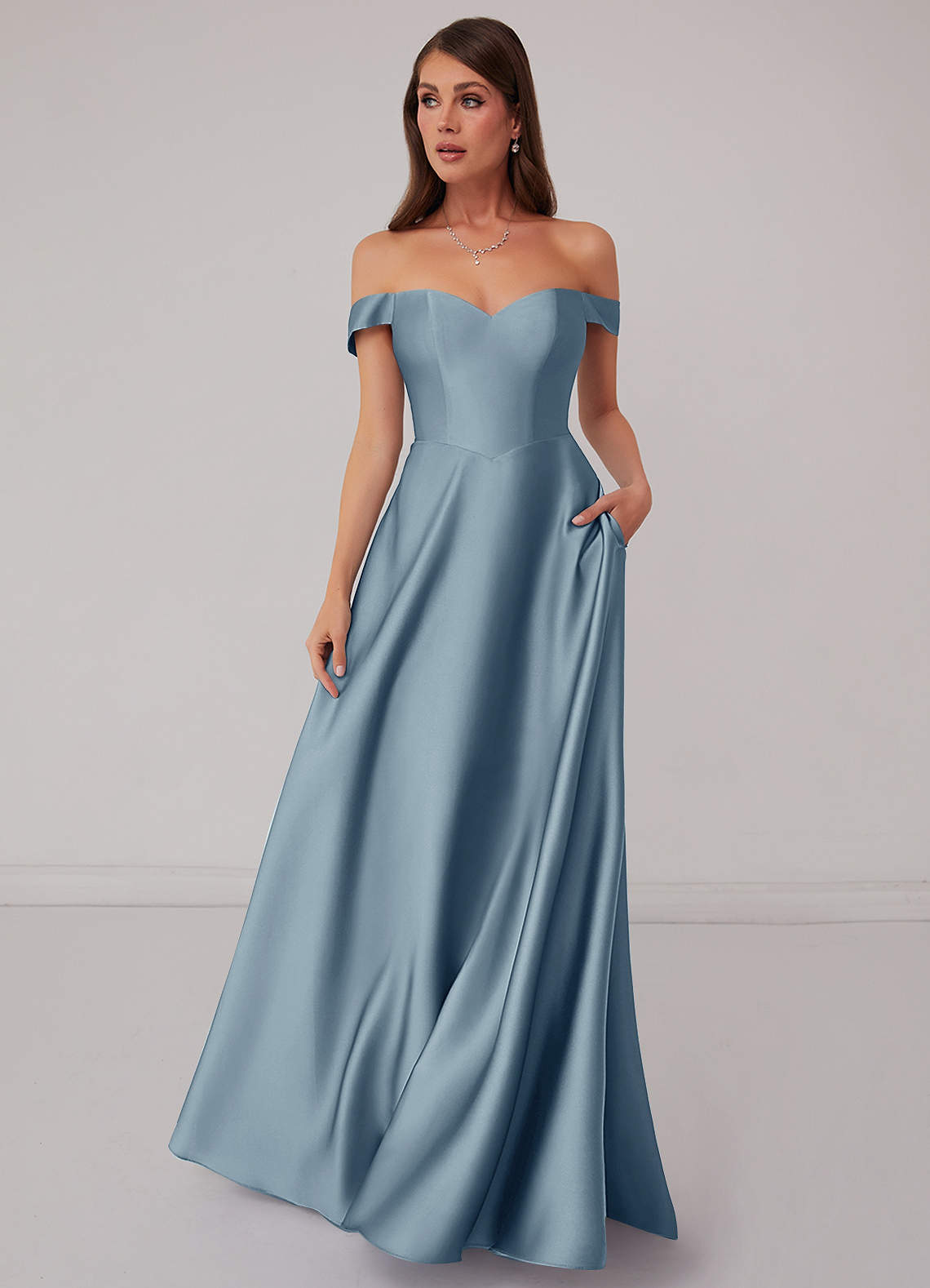 Dusty Blue Off Shoulder Dropwaist Stretch Satin Ball Gown Bridesmaid ...