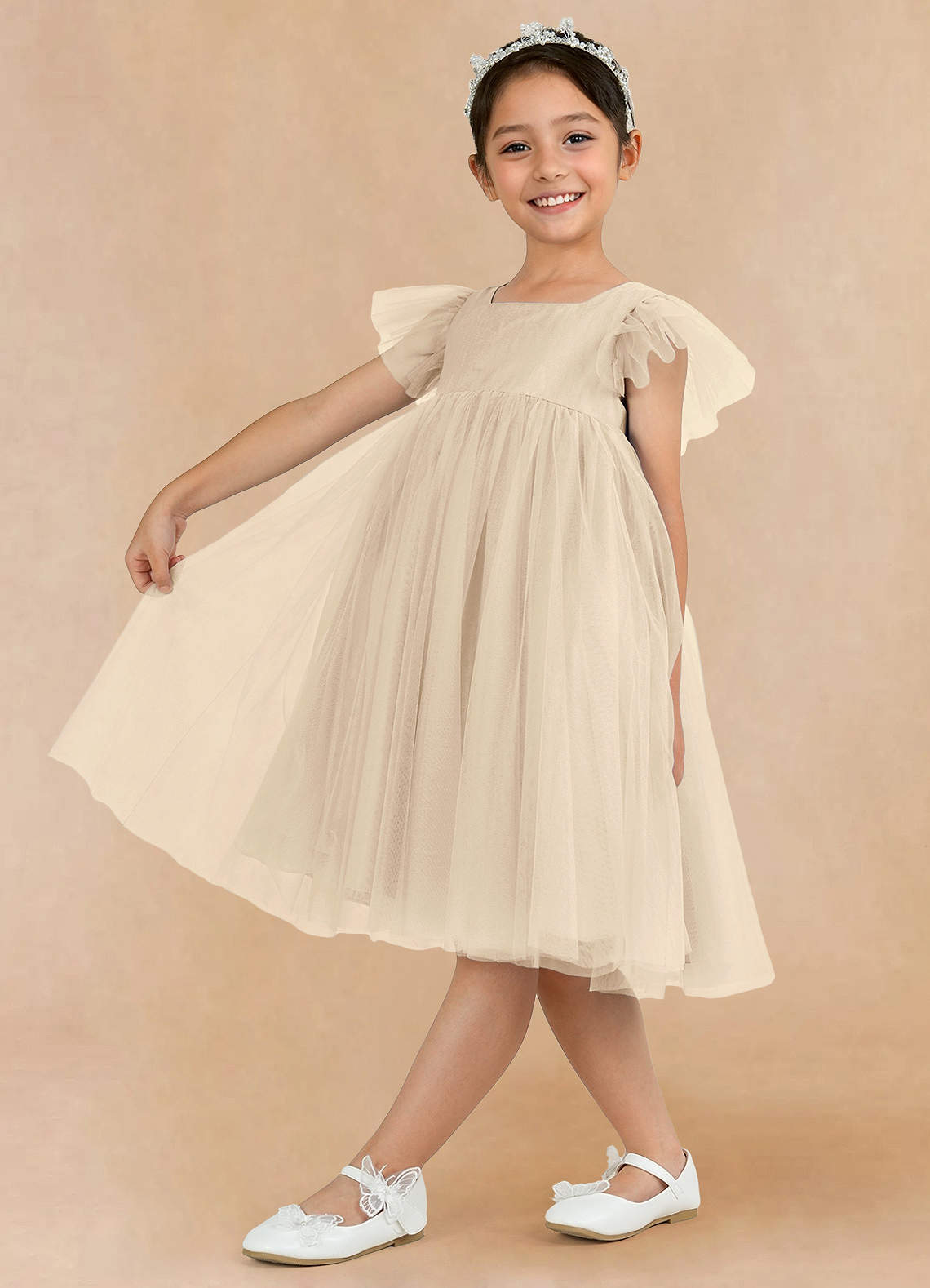 Champagne Azazie Kalio A-Line Tulle Knee-Length Dress with Sleeves | Azazie