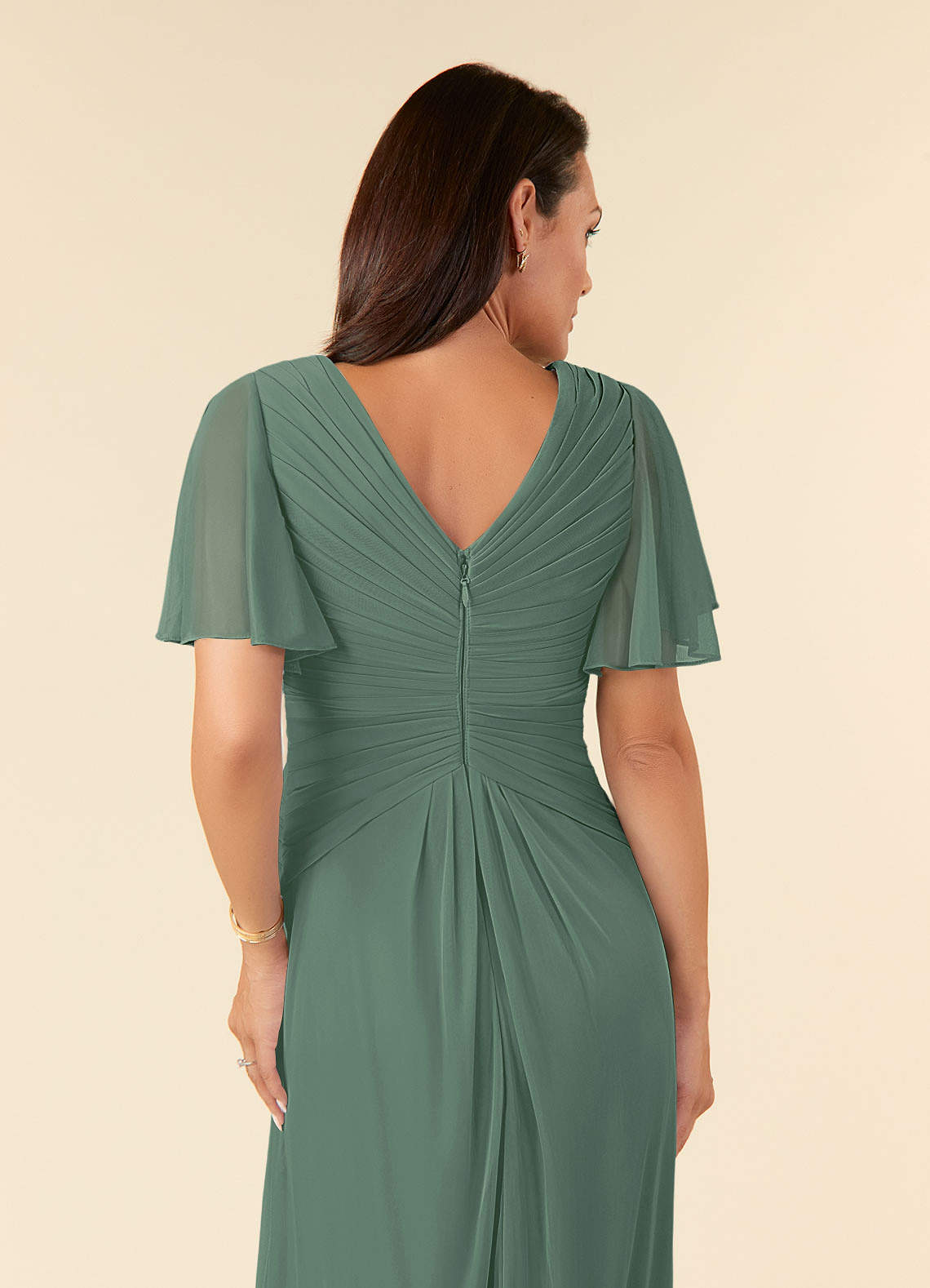 Azazie Emmeline Eucalyptus A Line V Neck Pleated Mesh Dress Azazie