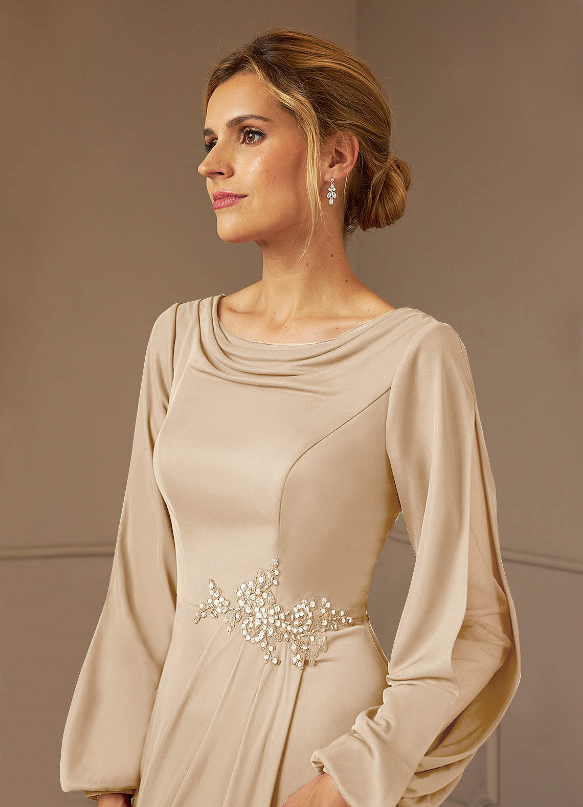 Azazie Satasha Champagne A-Line Cowl Neckline Lace Mesh Dress | Azazie