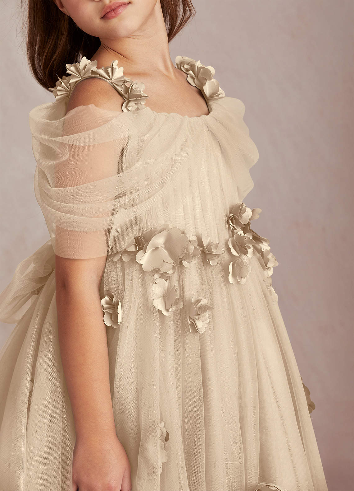 Azazie Shaylee Champagne A-Line Off the Shoulder Tulle Dress | Azazie