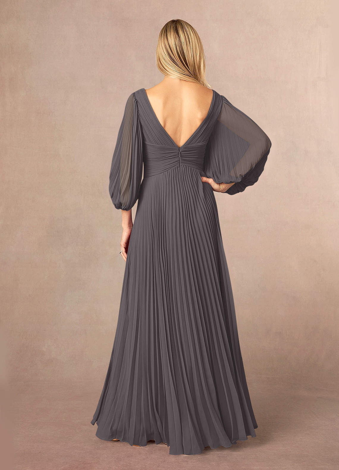 Steel Grey Azazie Zahara A-Line V-Neck Pleated Chiffon Floor-Length ...