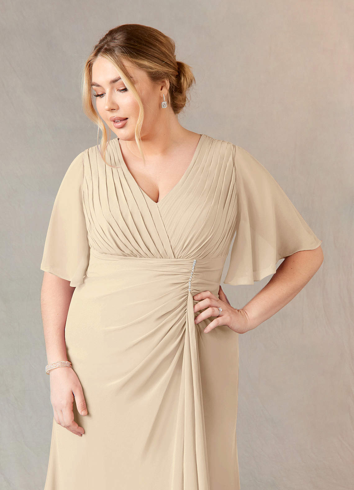 Azazie Carson Champagne A-Line V-Neck Lace Chiffon Dress | Azazie