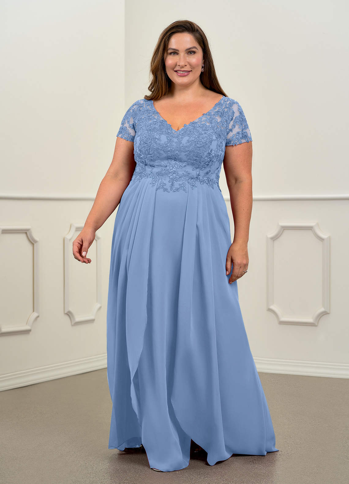 Steel Blue Azazie Dunja Steel Blue A-Line V-Neck Lace Chiffon Dress ...