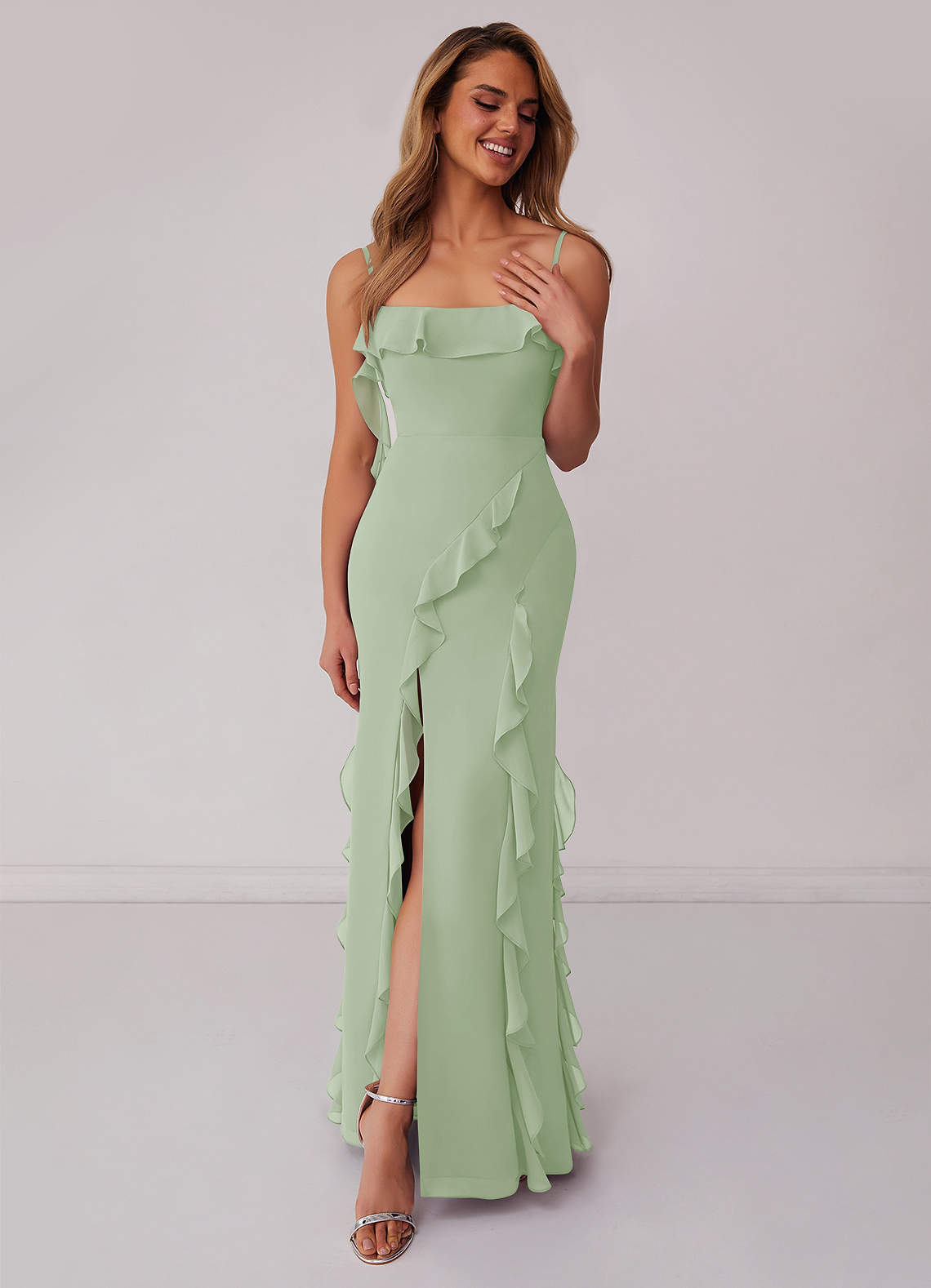 Dusty Sage Chiffon Ruffle Column Dress with Leg Slit Bridesmaid Dresses ...