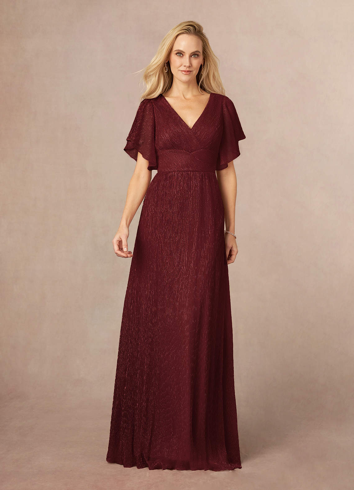 Azazie Kathryn Ruby A-Line V-Neck Flutter Sleeve Metallic Mesh Dress ...