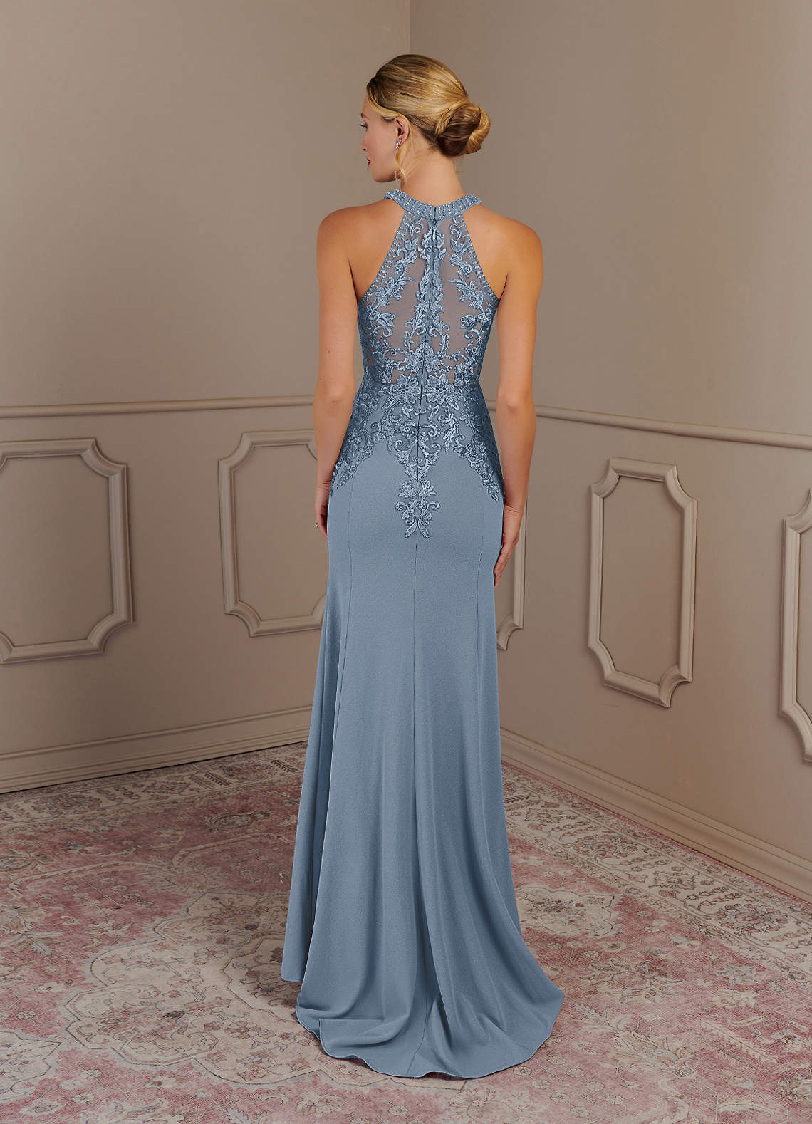 Dusty Blue Azazie Tyra Dusty Blue Mermaid Halter Lace Stretch Crepe ...