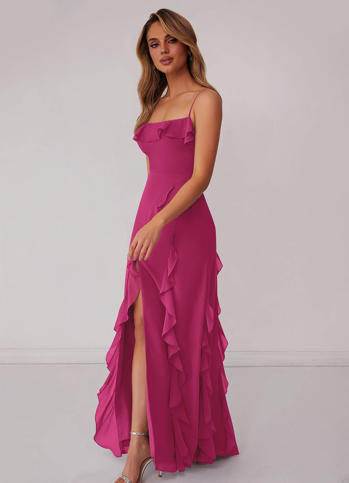 Barbie™ Pink Chiffon Ruffle Column Dress with Leg Slit Bridesmaid ...