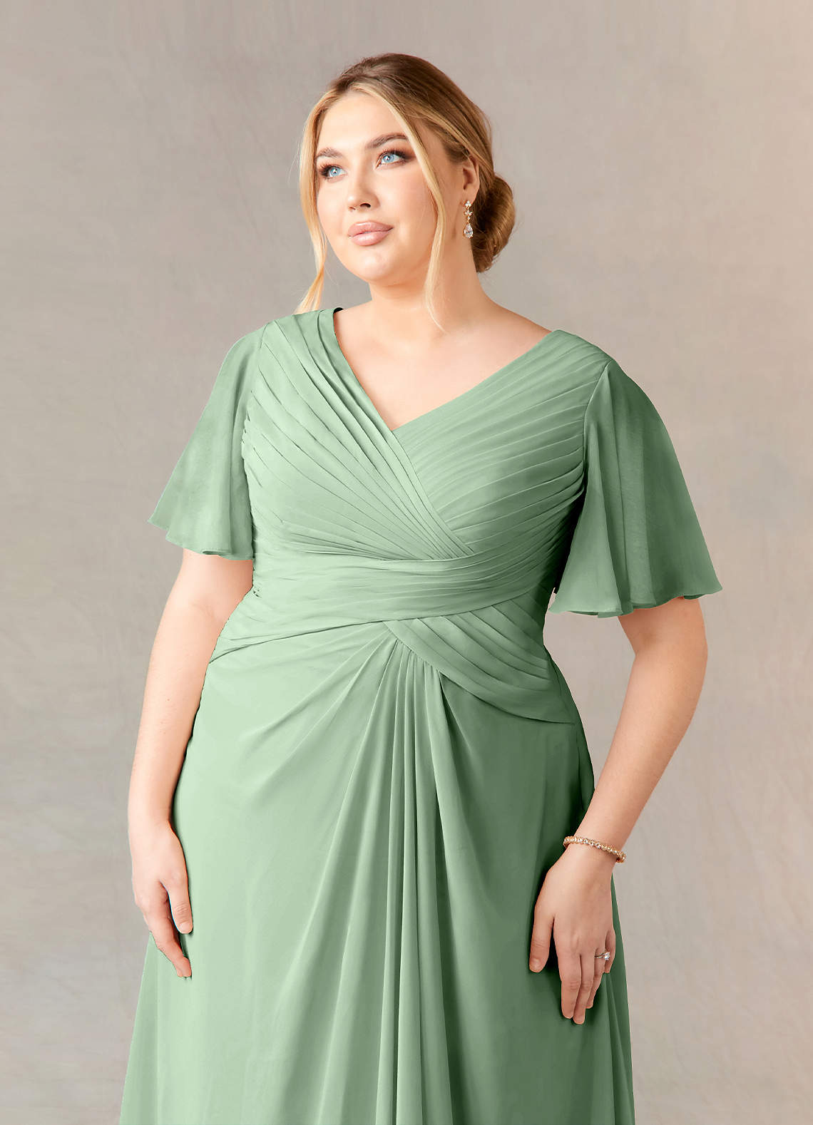 Matcha Azazie Morning Glory Matcha A-Line V-Neck Ruched Chiffon Dress ...