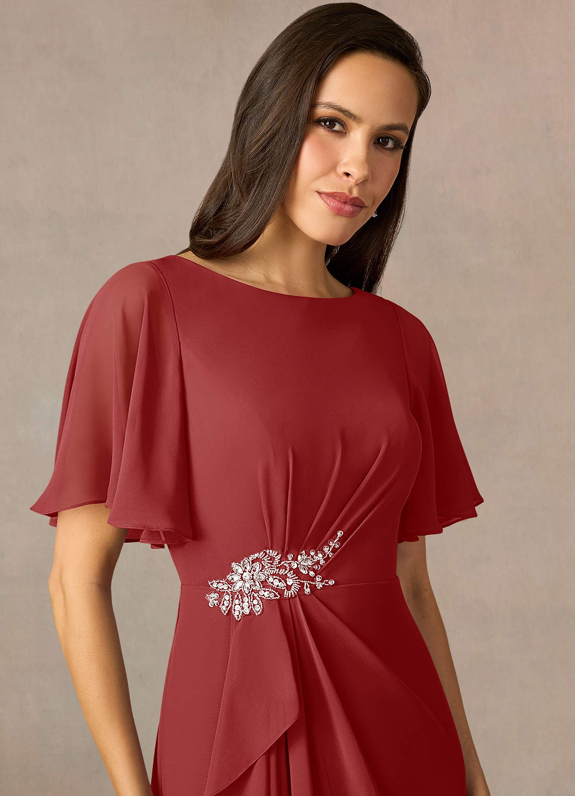 Azazie Rain Rust Sheath Beaded Chiffon Dress | Azazie