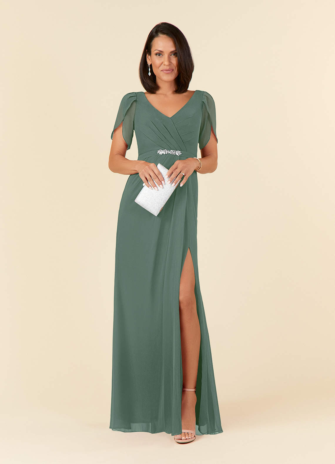 Azazie Marianne Eucalyptus Sheath V Neck Pleated Chiffon Dress Azazie