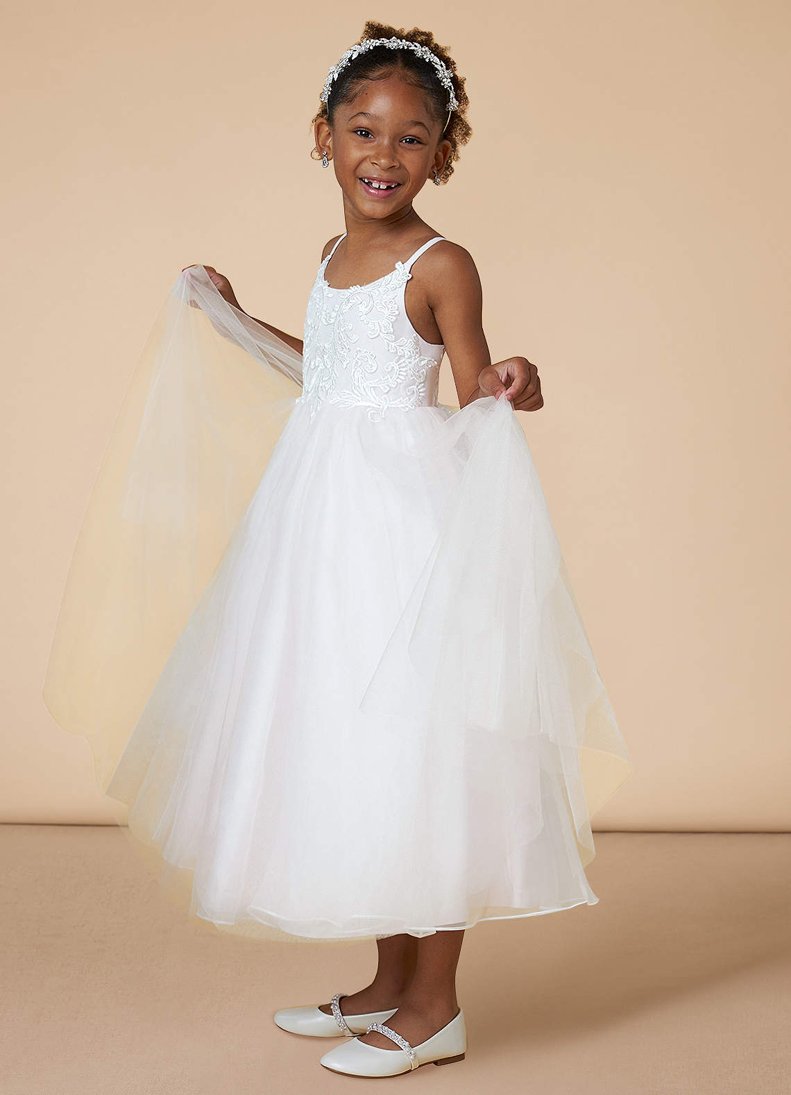 Ivory Azazie Buttercup A-Line Lace Tulle Ankle-Length Dress | Azazie