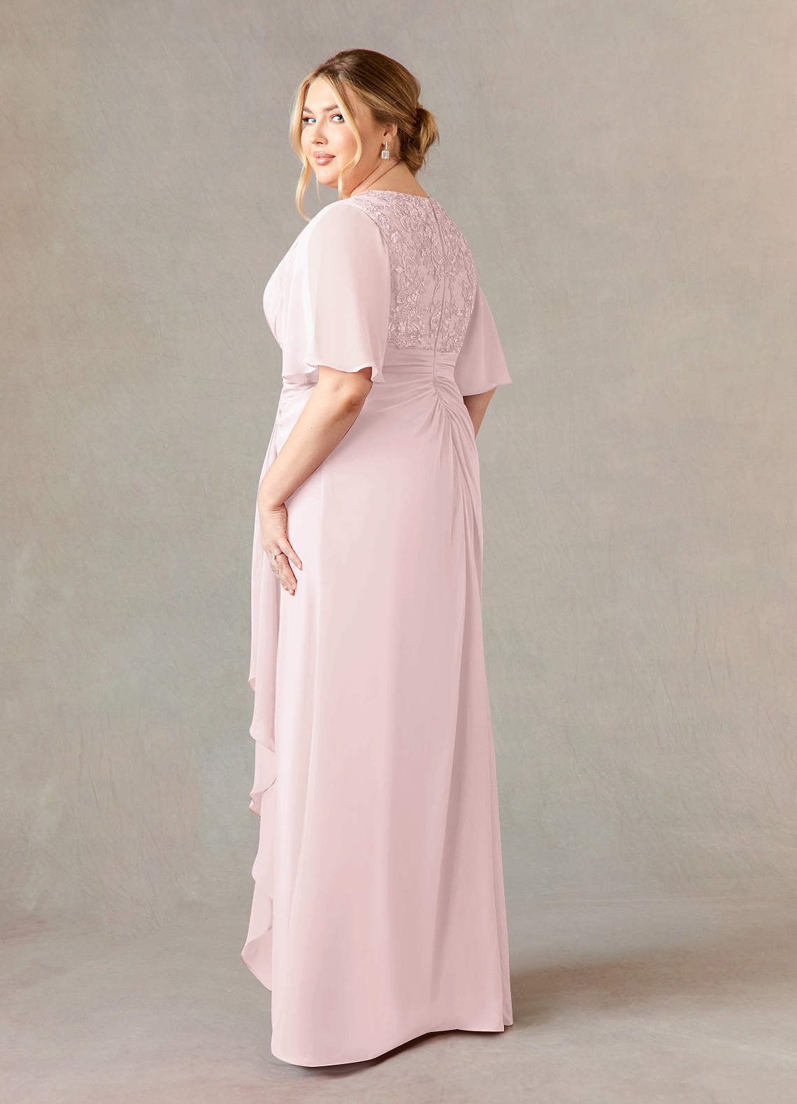 Azazie Carson Blushing Pink A-Line V-Neck Lace Chiffon Dress | Azazie