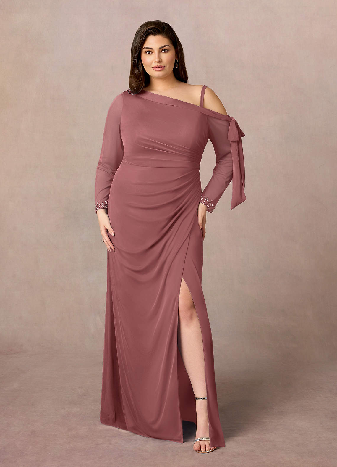 Azazie Marna Desert Rose Sheath One Shoulder Mesh Dress | Azazie