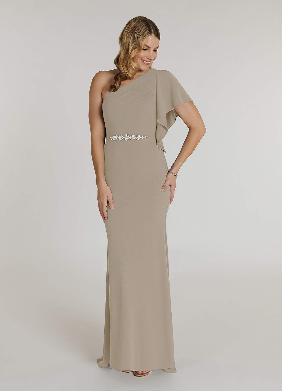 Azazie Pia Taupe Mermaid Pleated Stretch Crepe Dress | Azazie