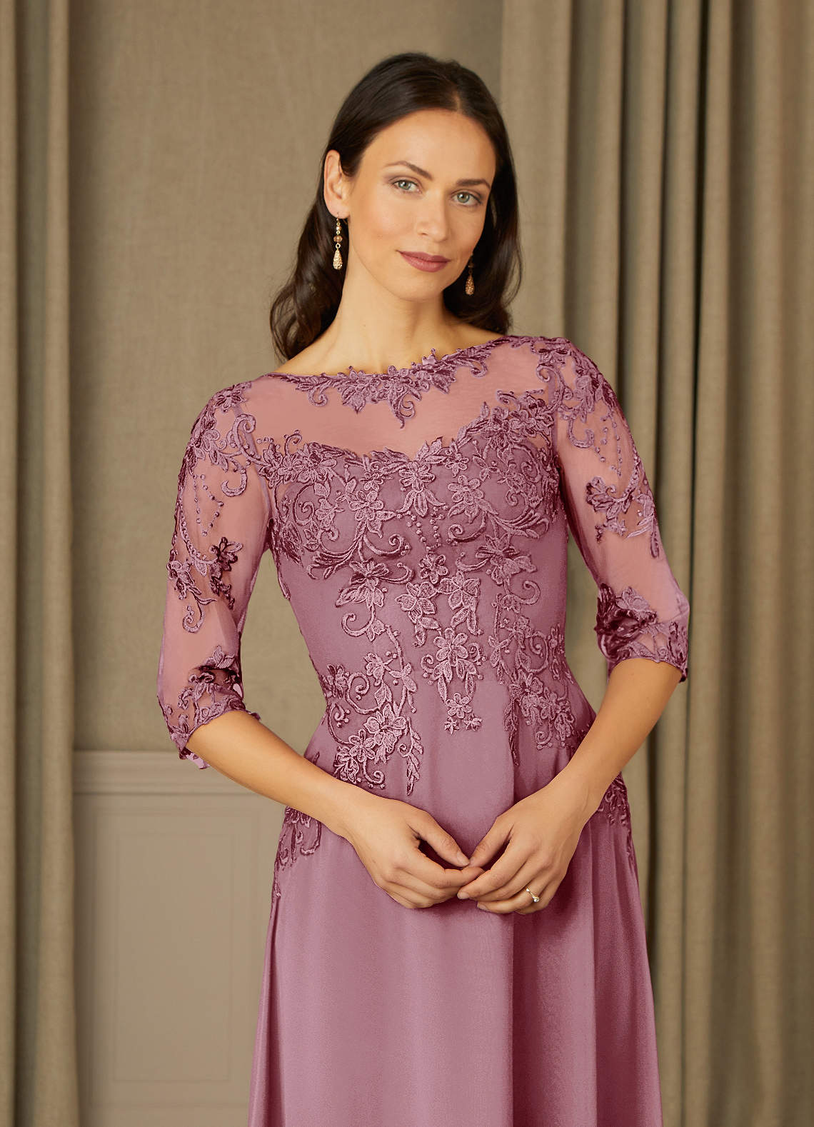 Azazie Dorella Vintage Mauve A-Line Lace Chiffon Dress | Azazie