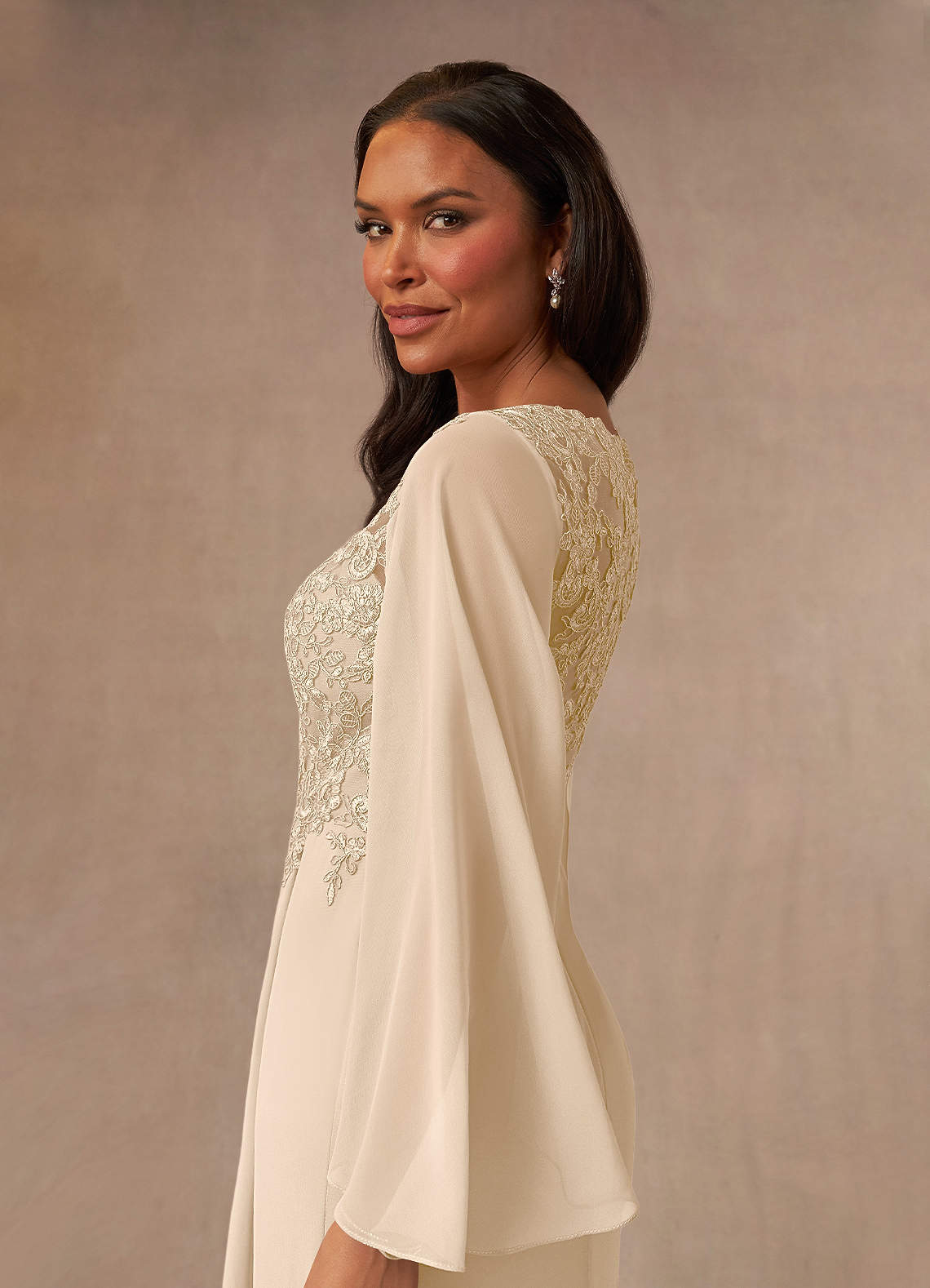 Azazie Perry Champagne Mermaid V-Neck Lace Chiffon Dress | Azazie