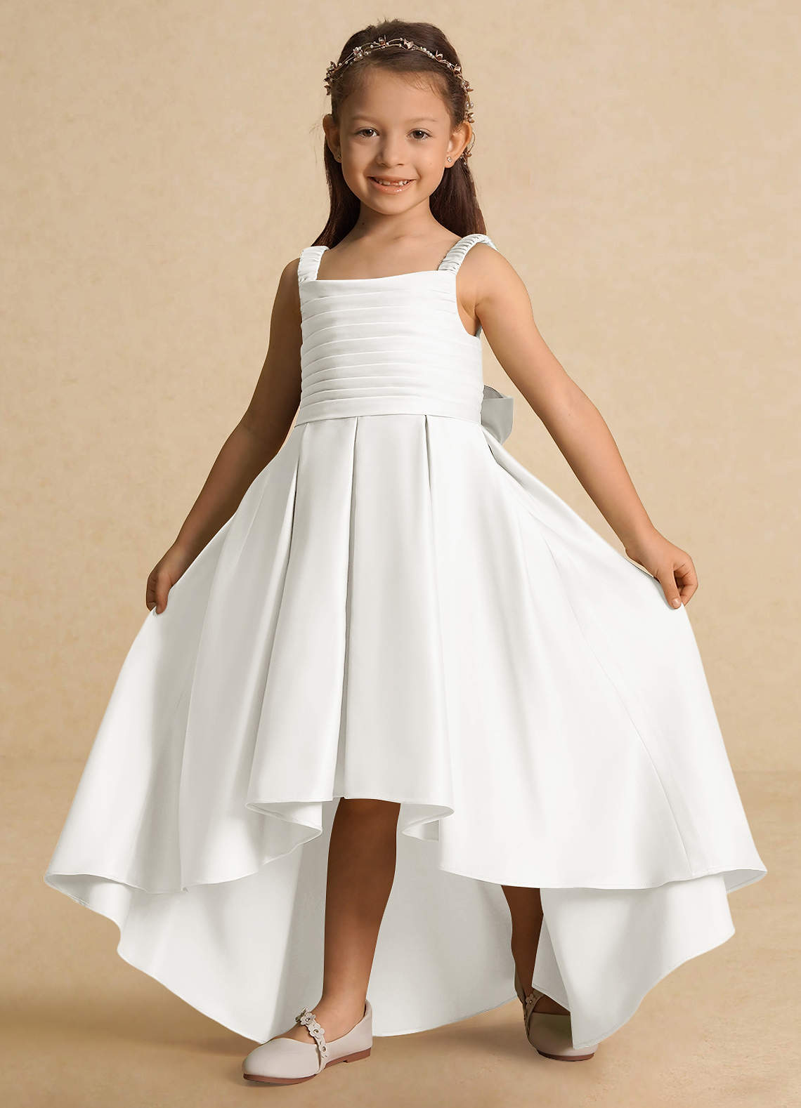 Azazie Kat Diamond White A-Line Pleated Matte Satin Dress | Azazie