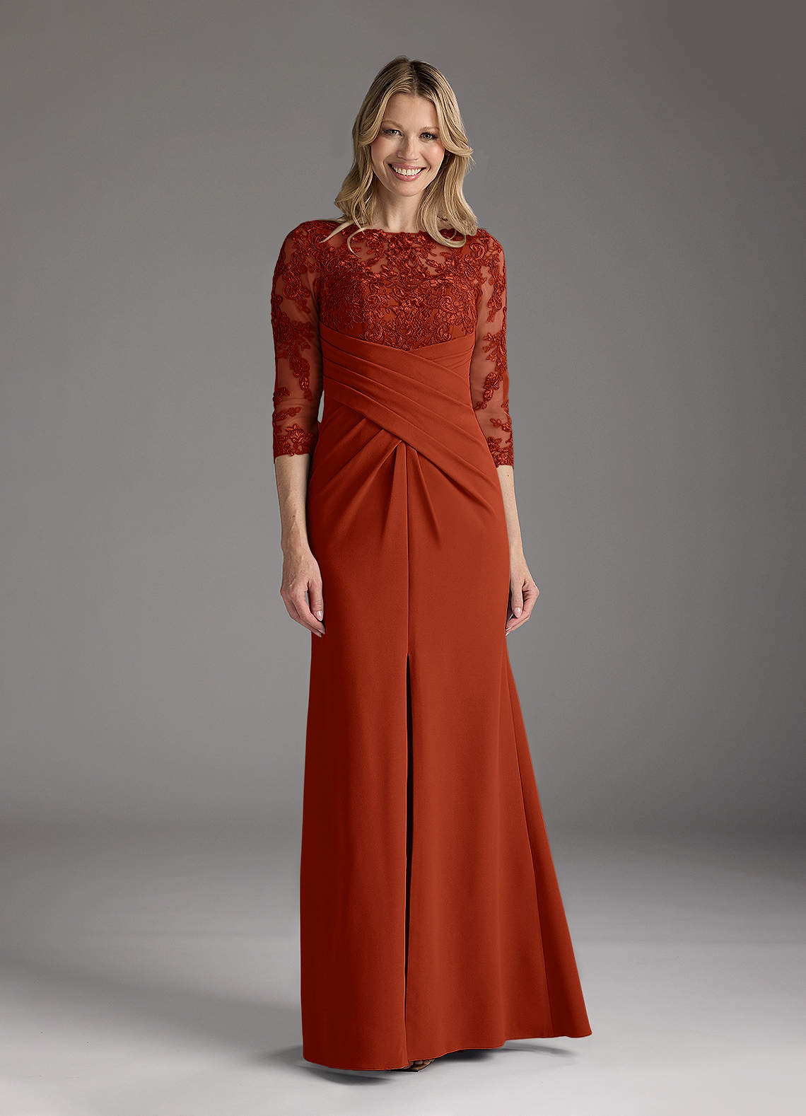 Rust Azazie Margene Rust Sheath Lace Stretch Crepe Dress | Azazie