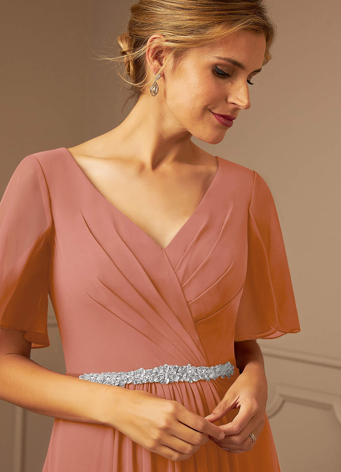 Azazie Tricia Mai Tai A-Line V-Neck Pleated Chiffon Dress | Azazie