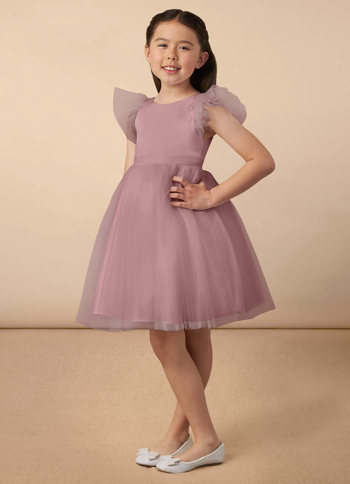 Dusty Rose Azazie Aviana A-Line Tulle Knee-Length Dress with Sleeves ...