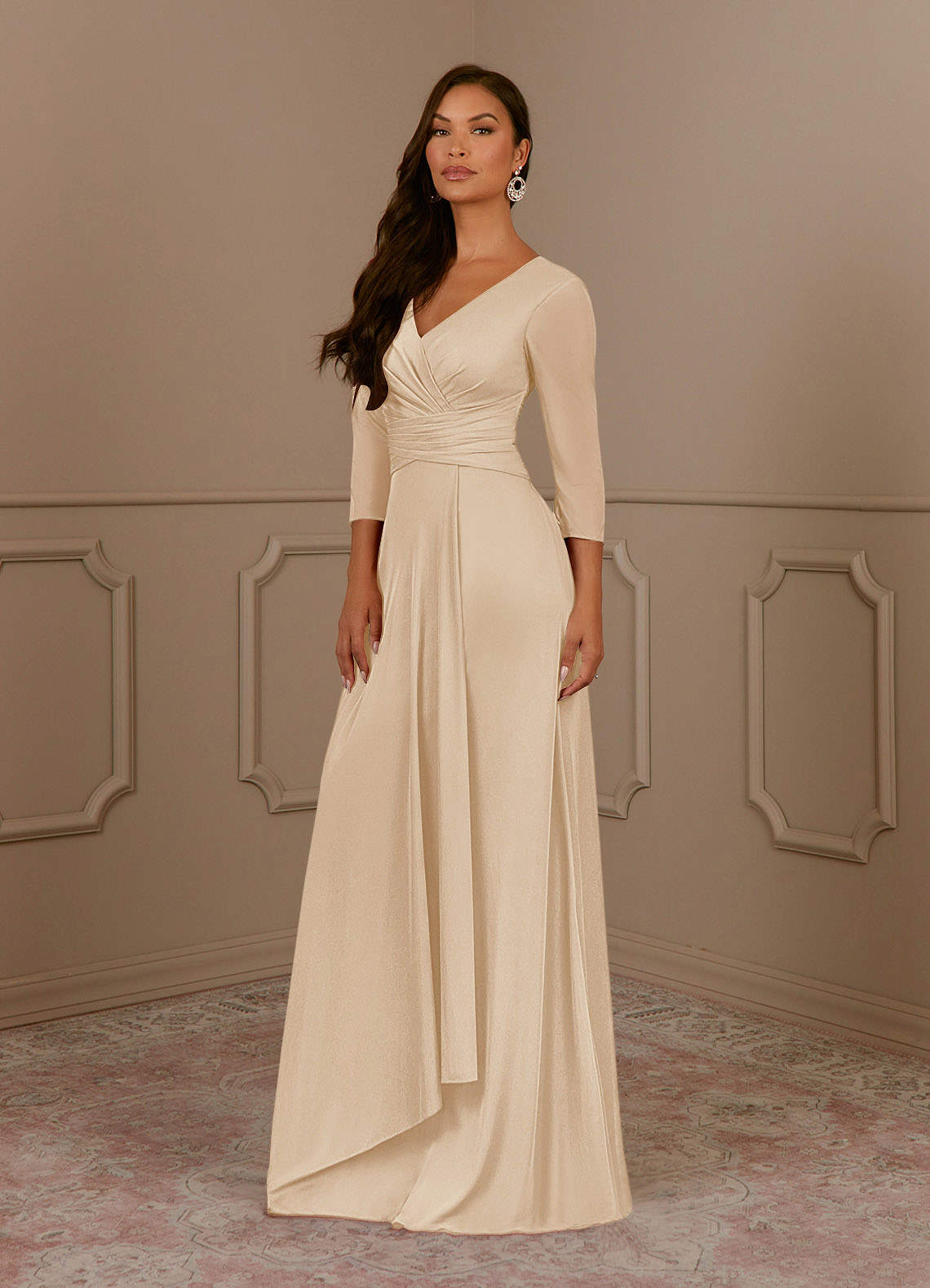 Azazie Annetta Champagne A-Line V-Neck Pleated Mesh Dress | Azazie