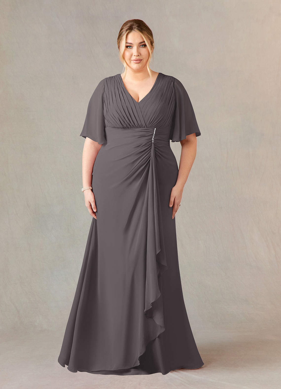 Steel Grey Azazie Carson Steel Grey A-Line V-Neck Lace Chiffon Dress ...