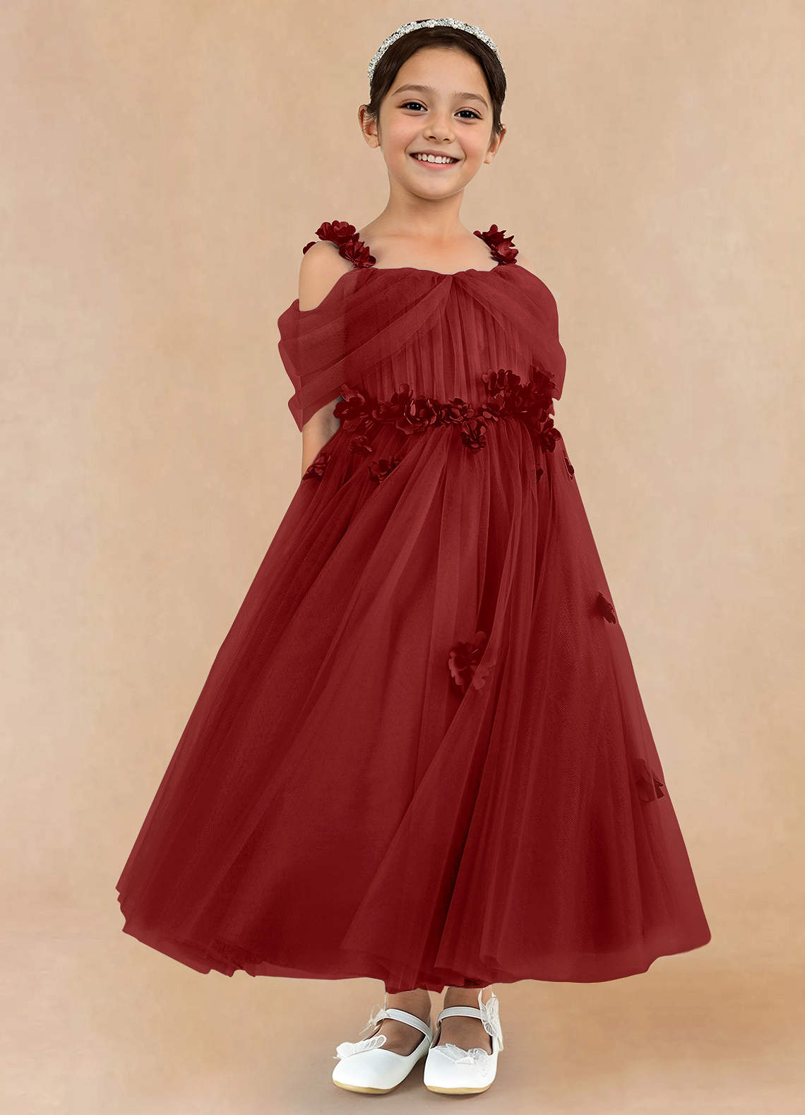 Rust Azazie Shaylee Rust A-Line Off the Shoulder Tulle Dress | Azazie