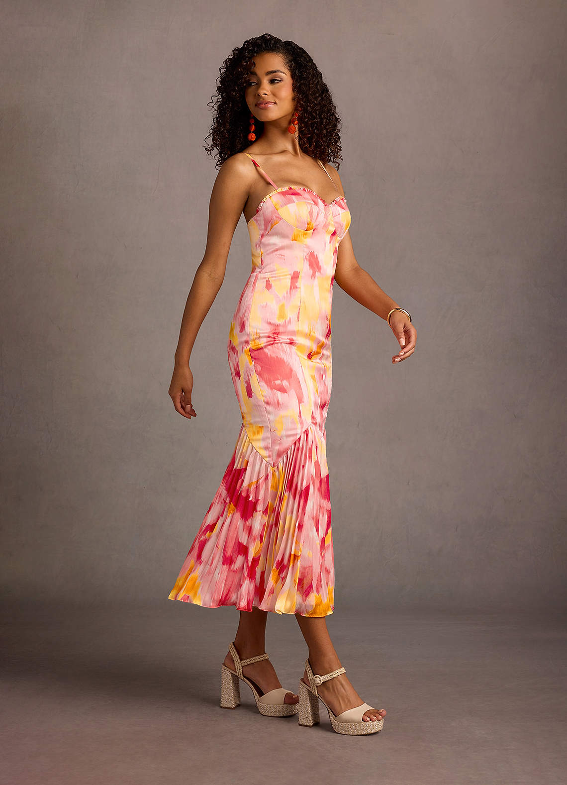Nidia Pink Sunset Print Midi Dress Atelier Dresses | Azazie