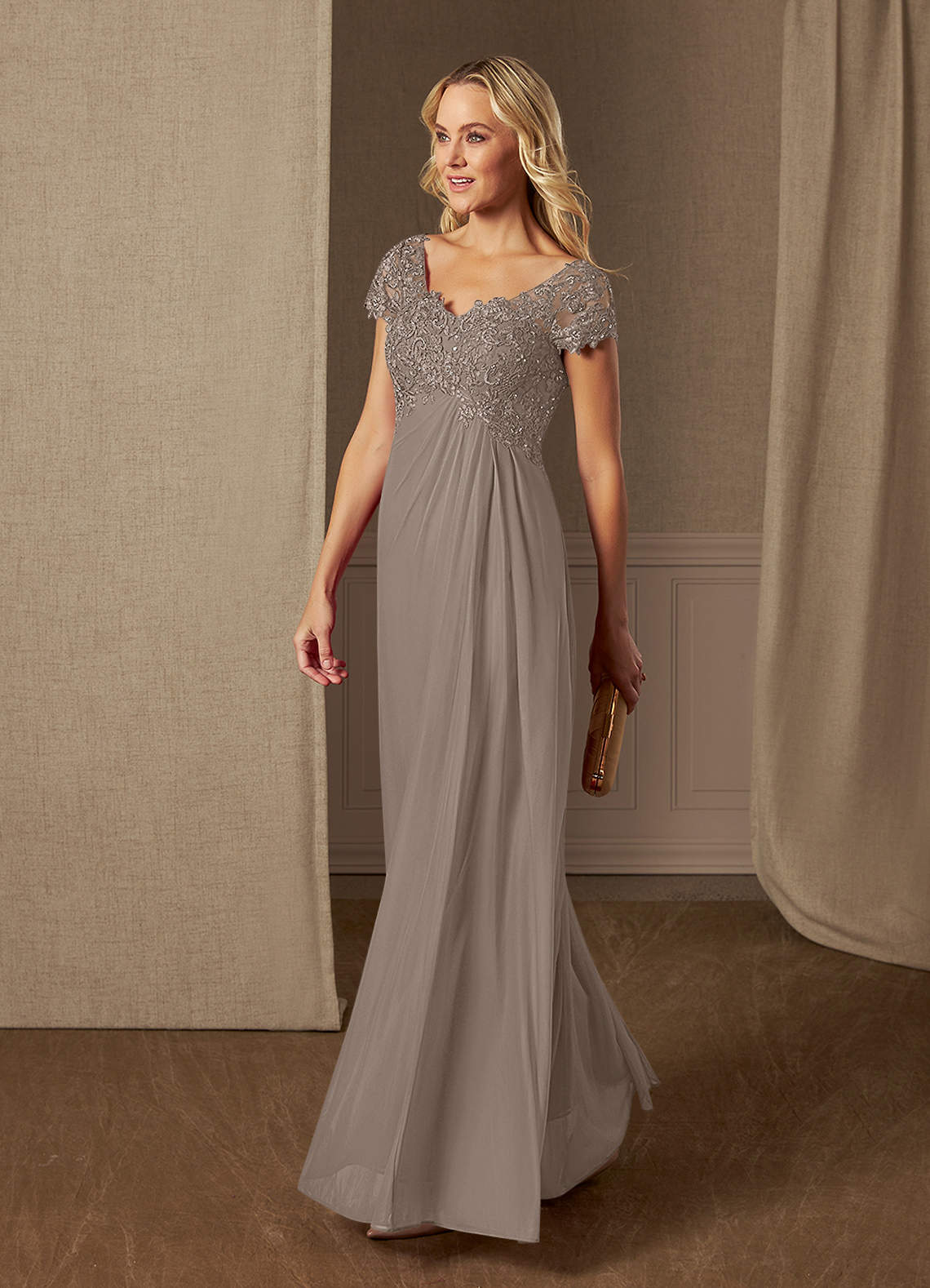 Taupe Azazie Macy A-Line V-Neck Sequin Lace Lace Floor-Length Dress ...