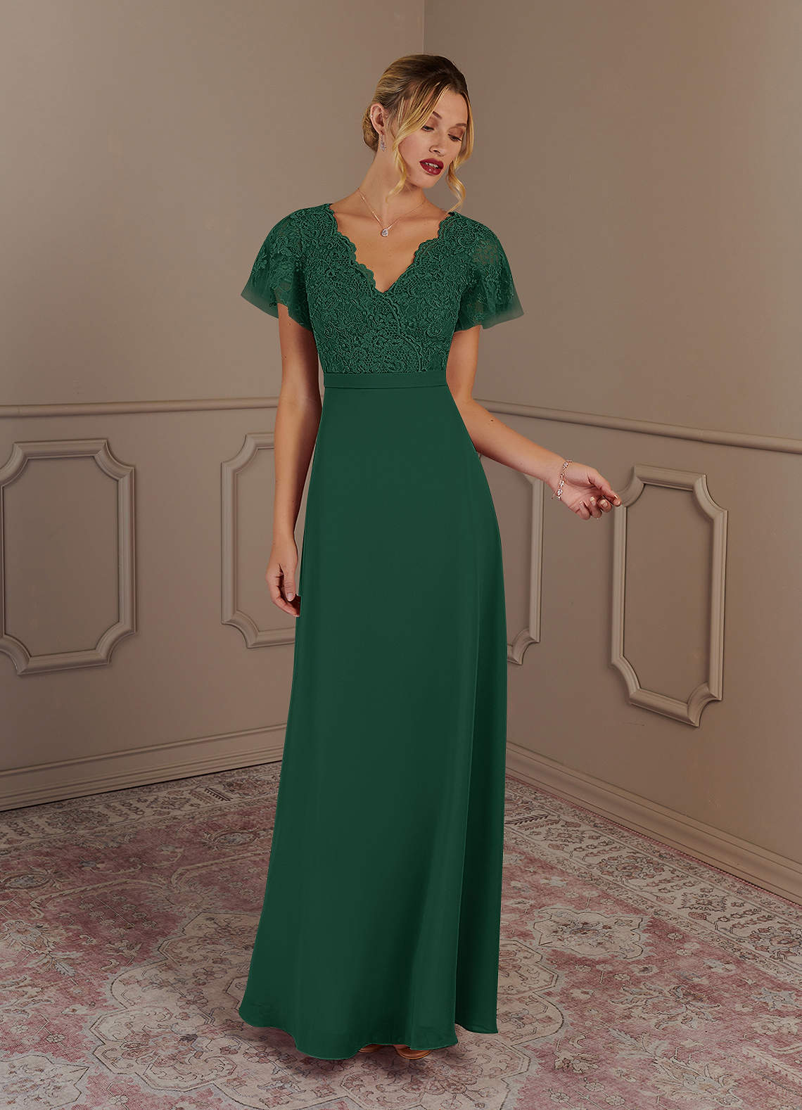 Azazie Singer Dark Green A-Line V-Neck Lace Chiffon Dress | Azazie