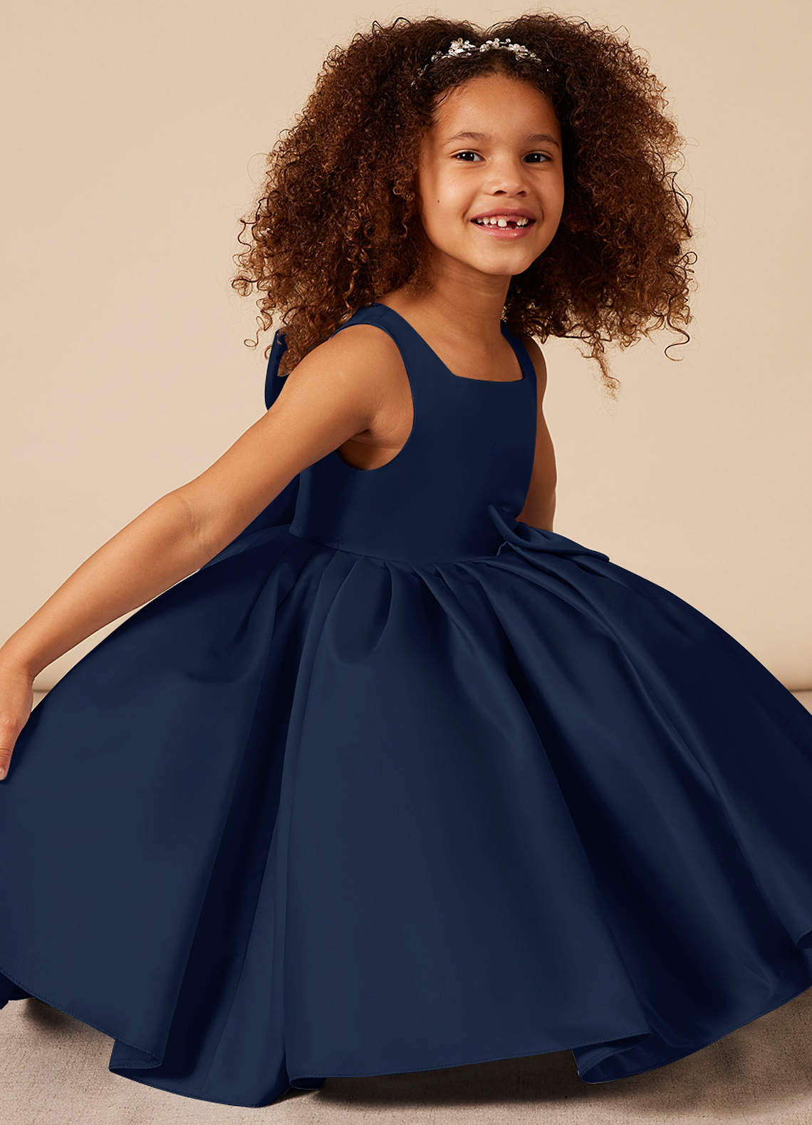 Dark Navy Azazie Bo Peep A-Line Bow Matte Satin Knee-Length Dress | Azazie