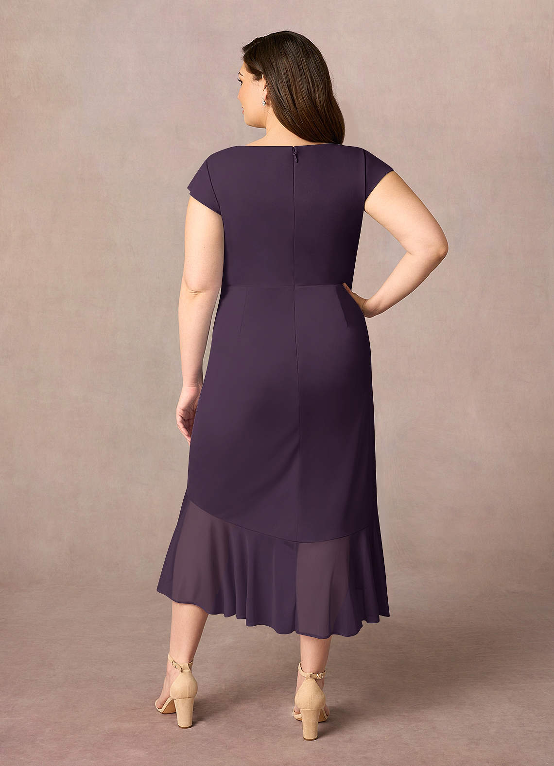 Plum Azazie Renetta Sheath V Neck Pleated Mesh Asymmetrical Dress Azazie