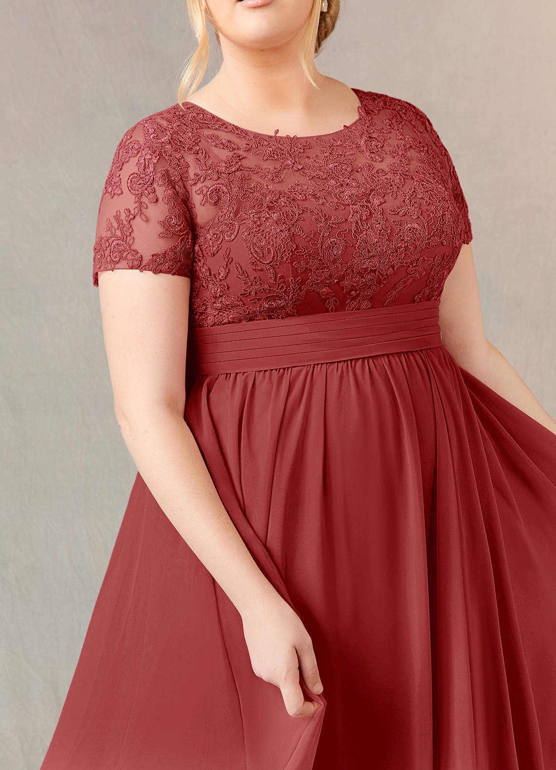 Rust Azazie Annette Rust A-Line Lace Chiffon Dress | Azazie