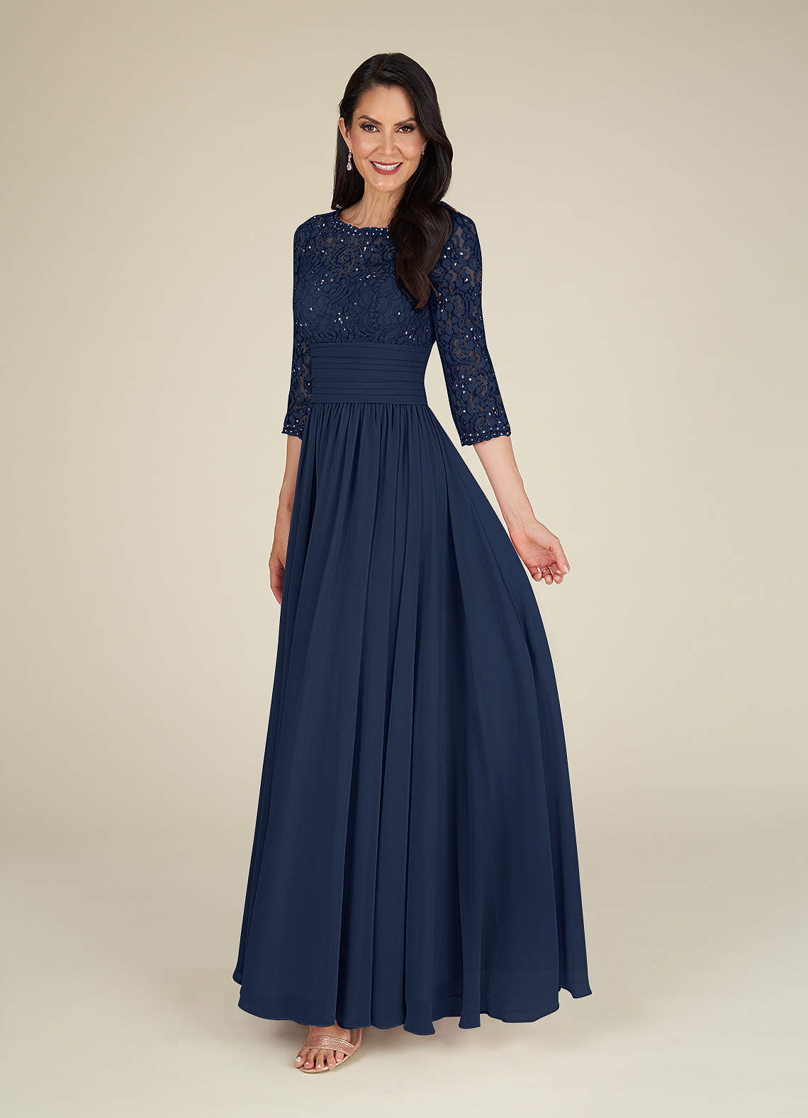 Azazie Olga Dark Navy A-Line Lace Chiffon Dress | Azazie