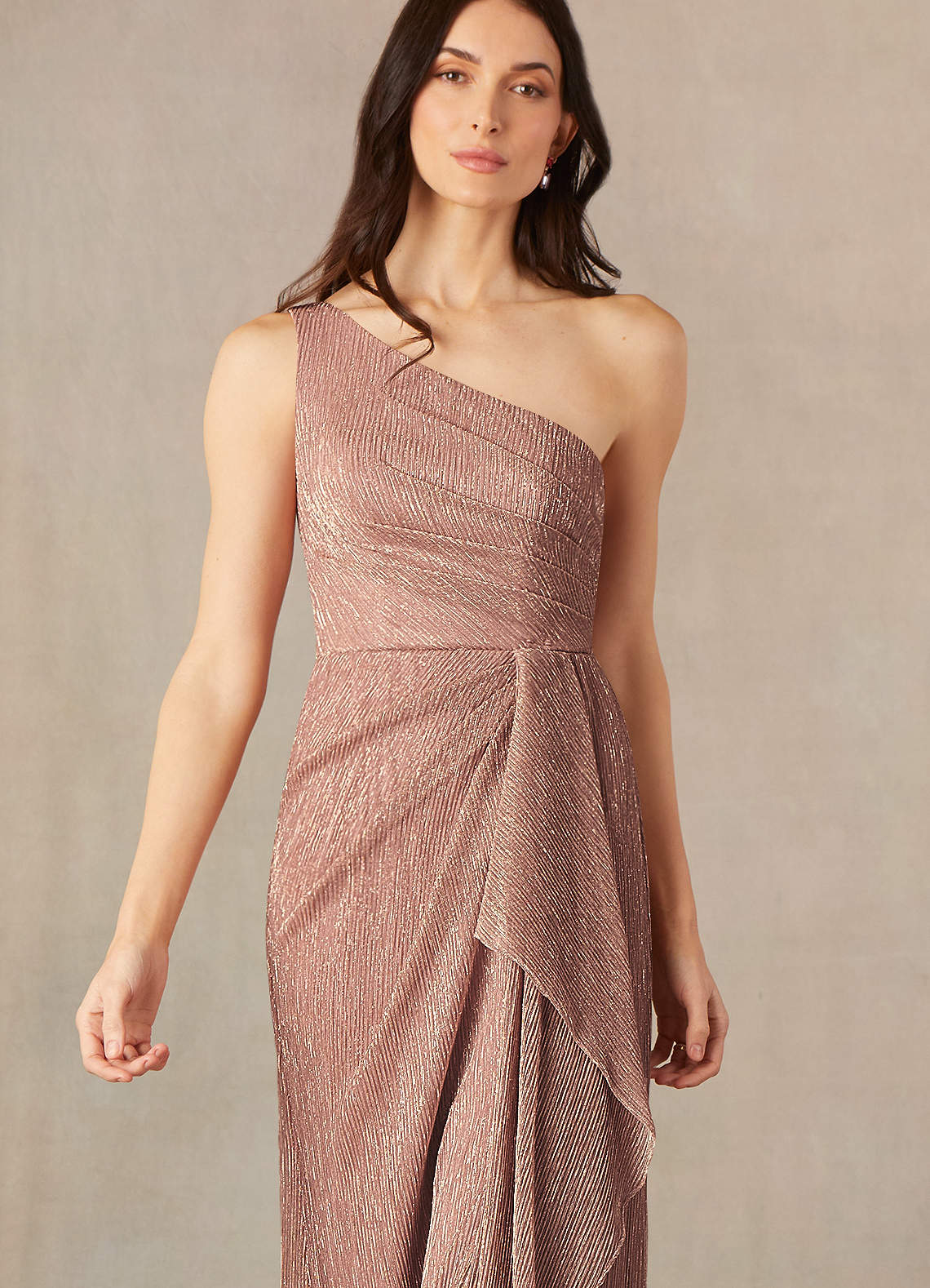 Azazie Jocelyn Rose Gold Sheath One Shoulder Metallic Mesh Dress | Azazie
