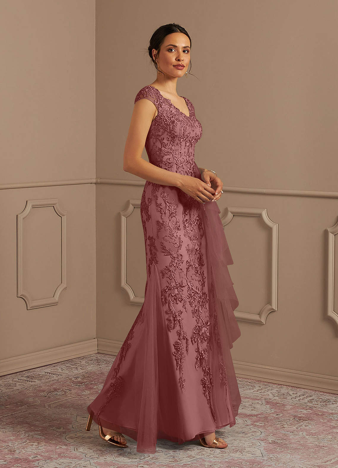 Azazie Melena Desert Rose Mermaid Lace Tulle Dress | Azazie